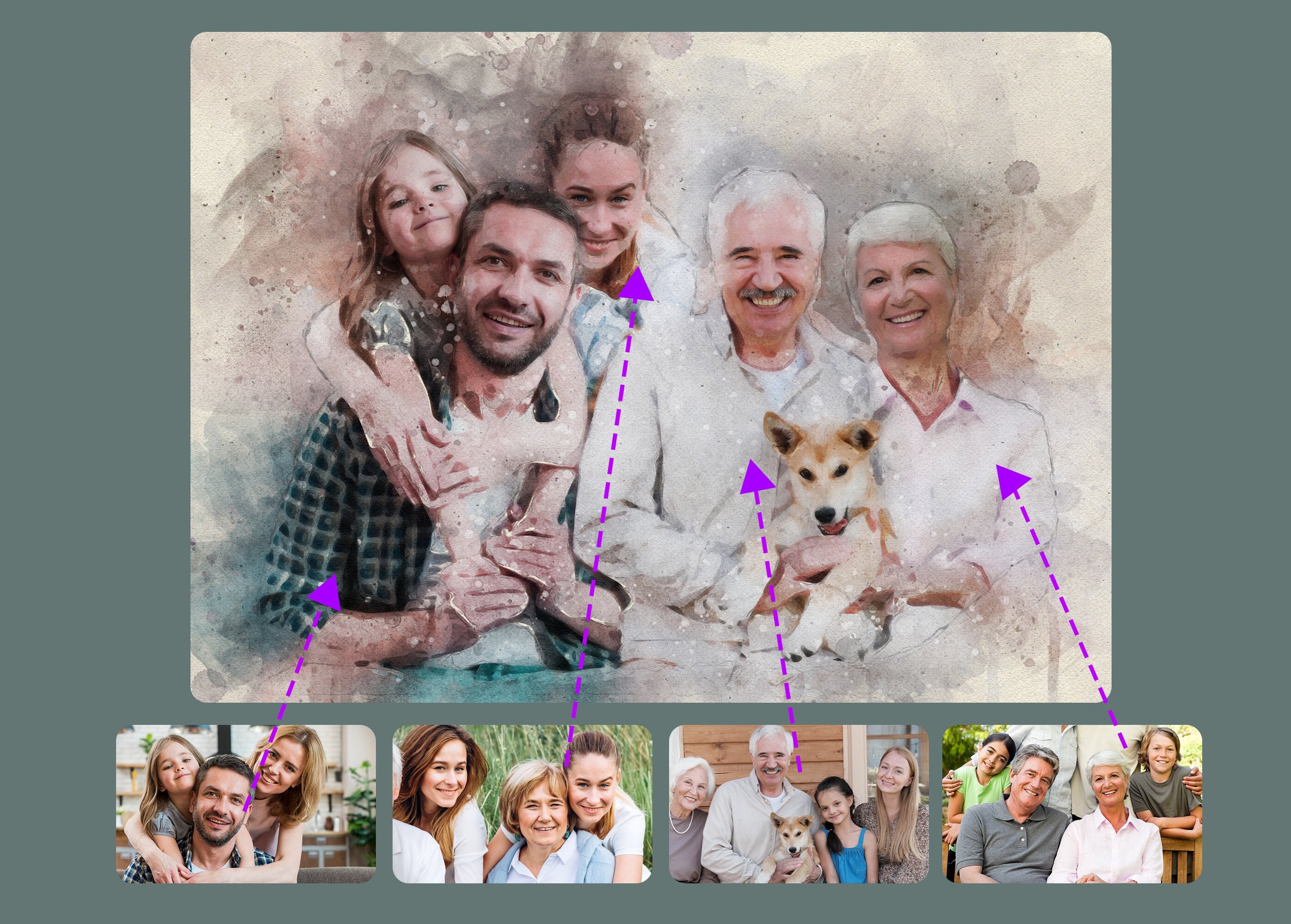 Watercolor Family Portrait From Multiple Photos, Merge Different Photos ...