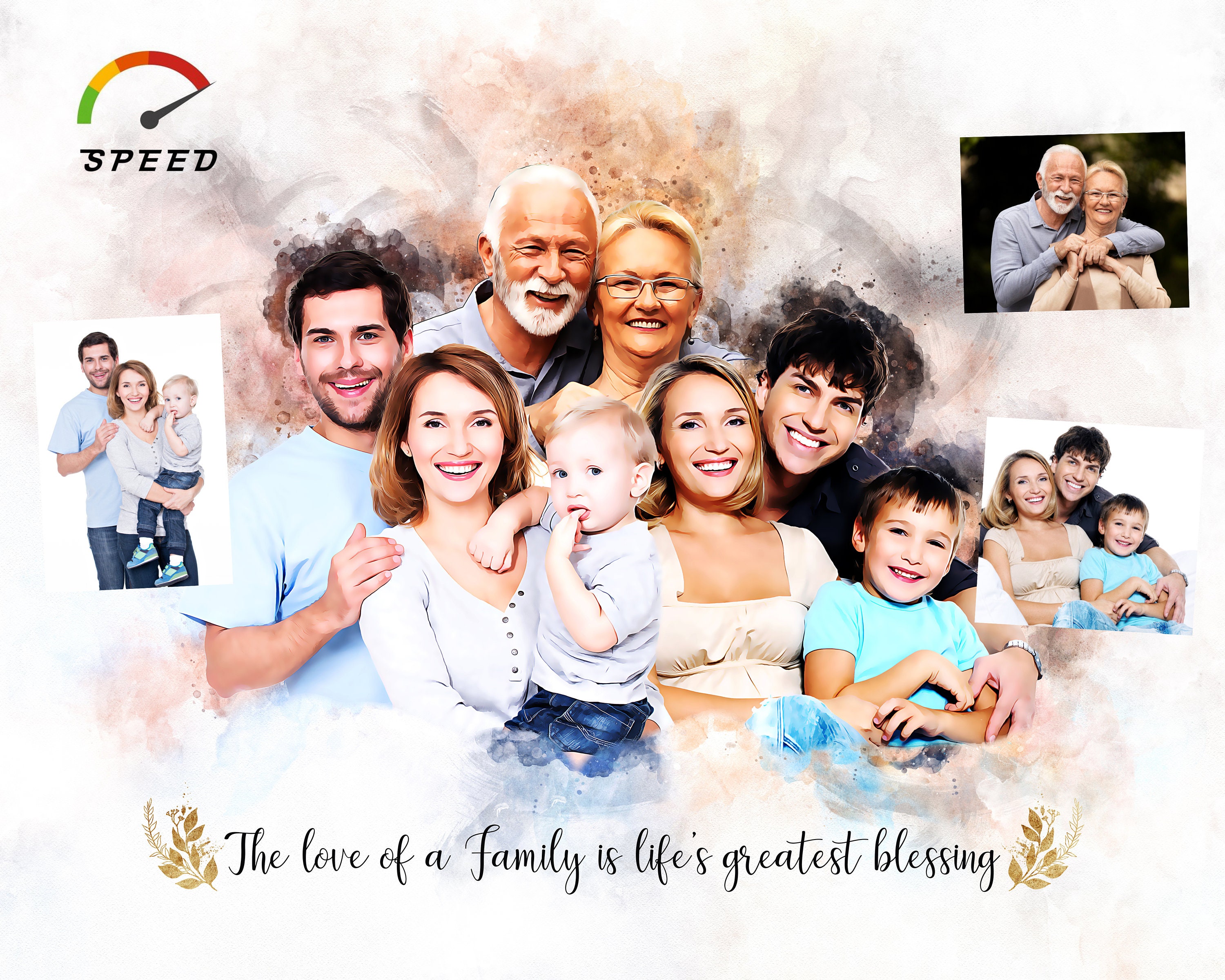 Watercolor Family Portrait From Multiple Photos, Merge Different Photos ...