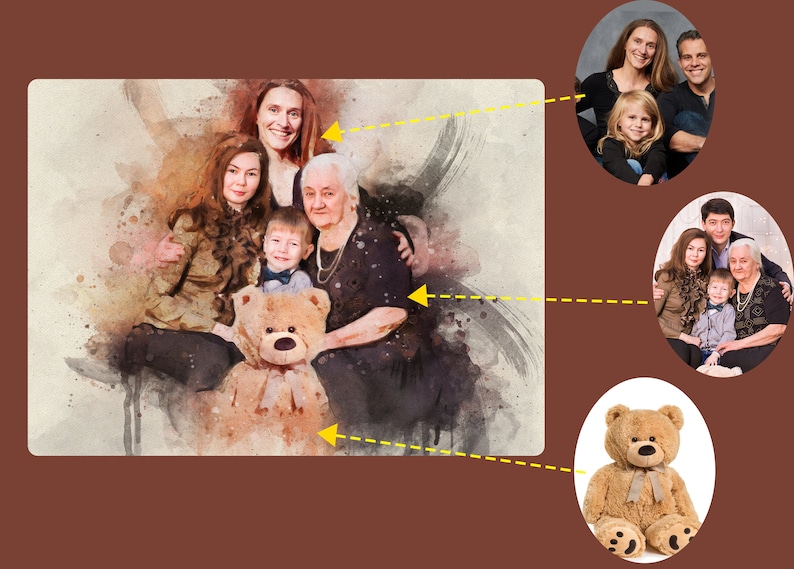 Watercolor Family Portrait From Multiple Photos Merge - Etsy