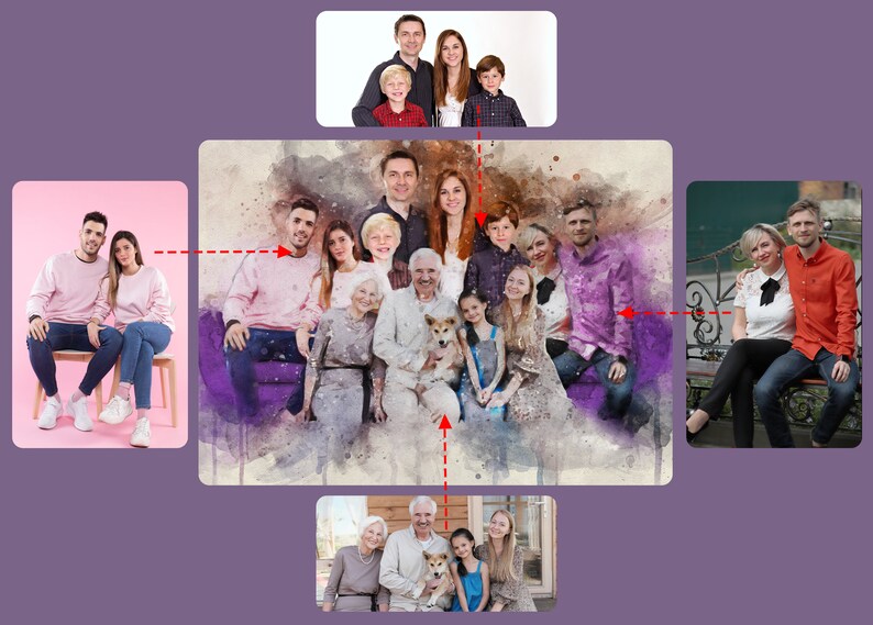 Watercolor Family Portrait From Multiple Photos Merge - Etsy
