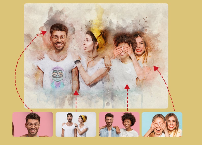 Watercolor Family Portrait From Multiple Photos Merge - Etsy