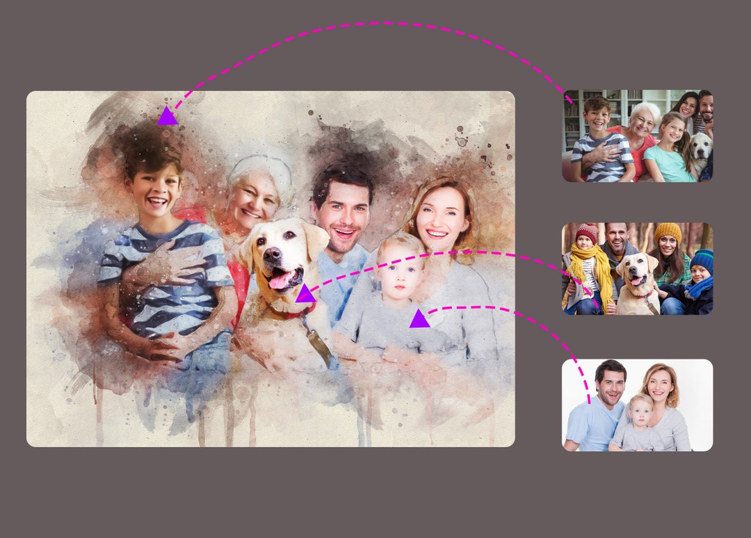 Watercolor Family Portrait From Multiple Photos, Merge Different Photos ...