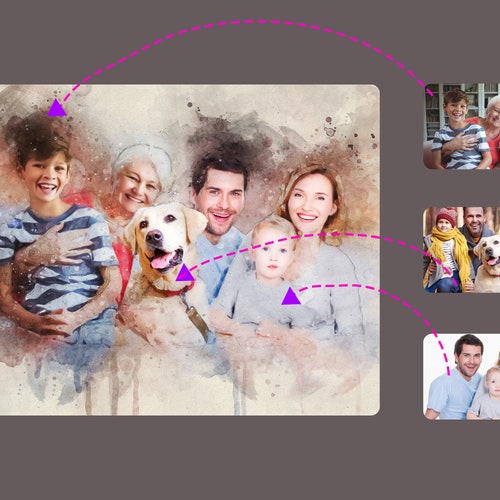 Watercolor Family Portrait From Multiple Photos Merge - Etsy