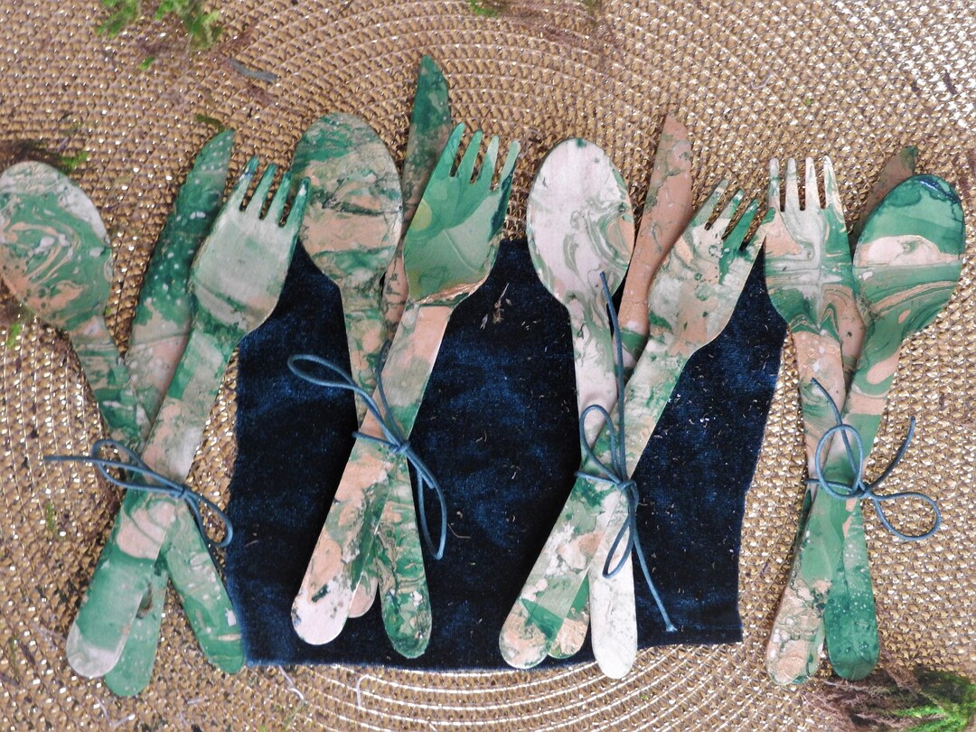 Pretend Play Decoration Craft Wood Marble Painted Silverware - Etsy