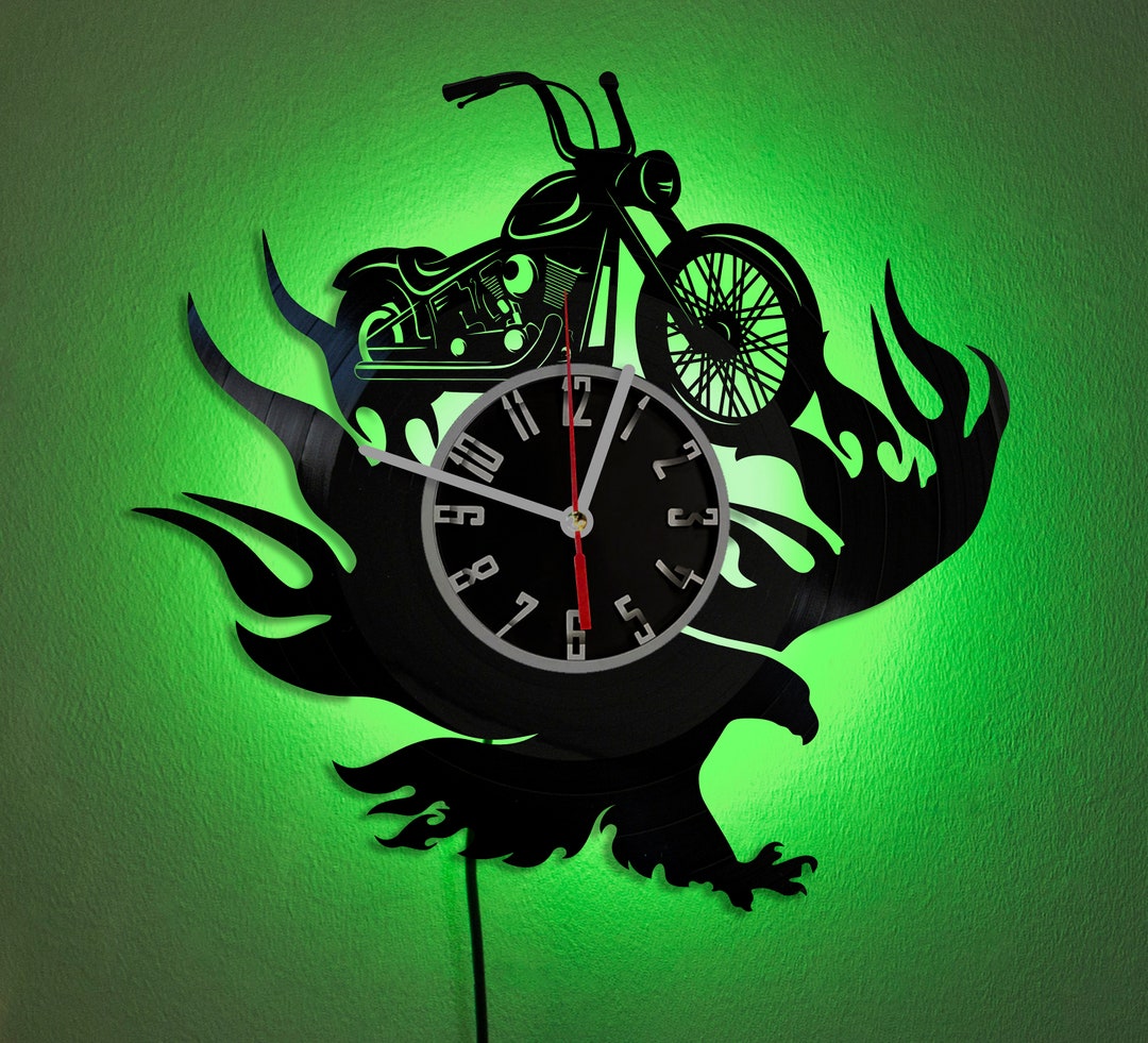Motorcycle Wall Clock With Led Light Made Out of Vintage Vinyl Record ...