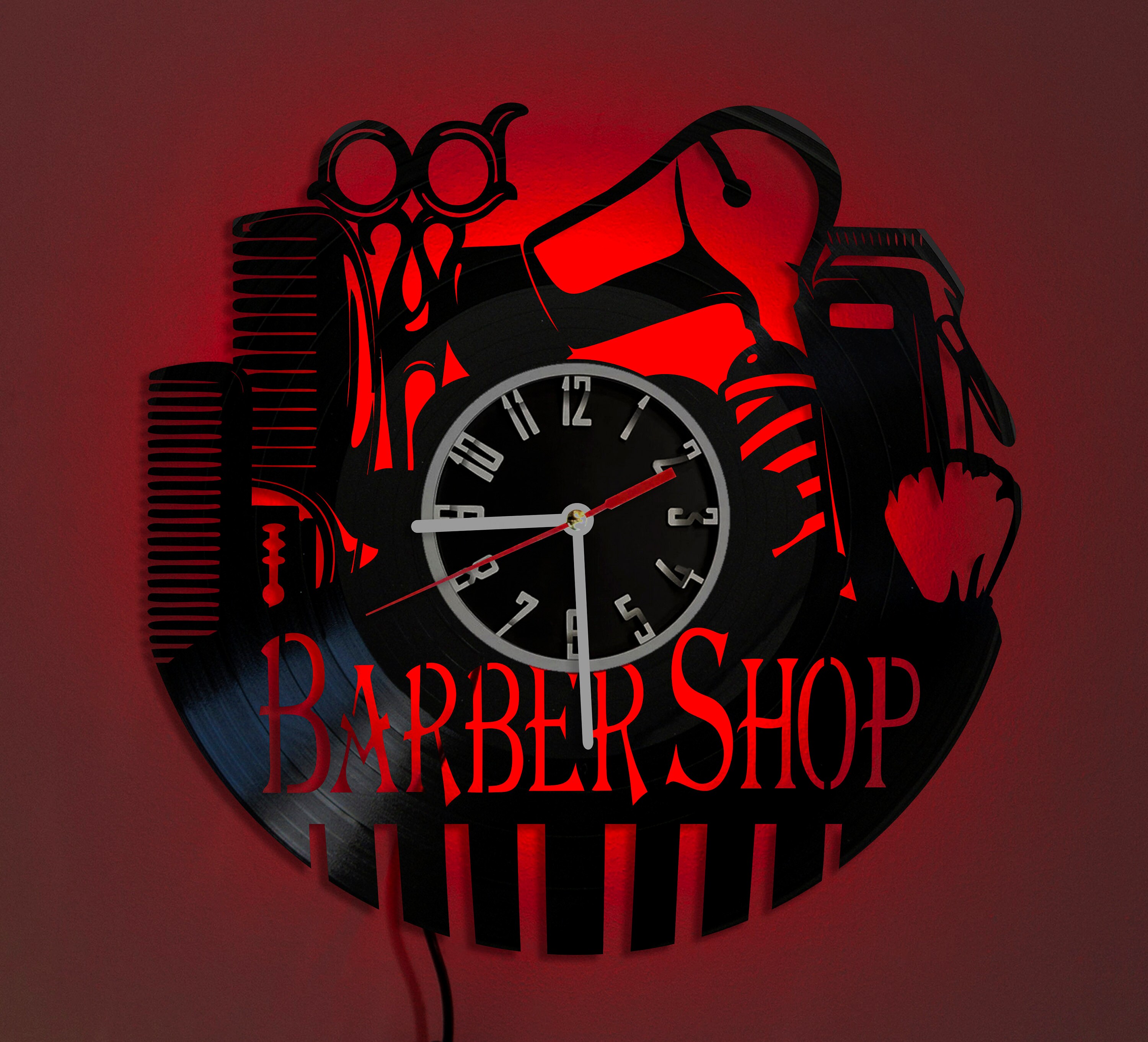 Barber Shop Wall Clock With Led Light Made Out of Vintage - Etsy