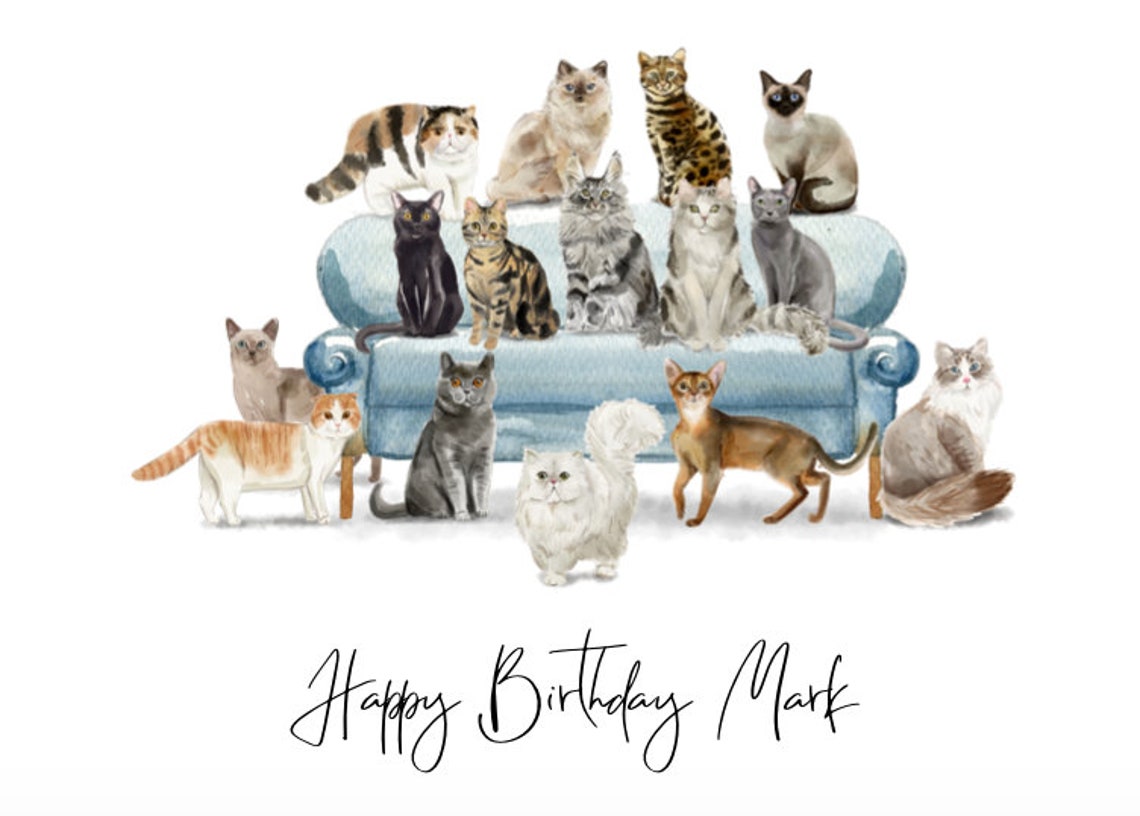 Personalised Group of Cats - Cat Birthday Card -cat Lovers Card Cat ...