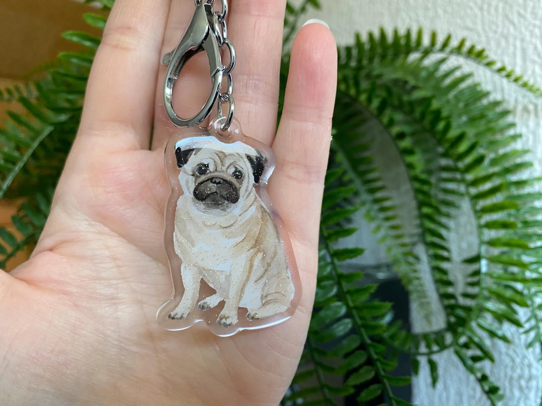 Pug Keyring - Clear Acrylic Glitter Keychain Dog Lover, Key Ring, Dog ...