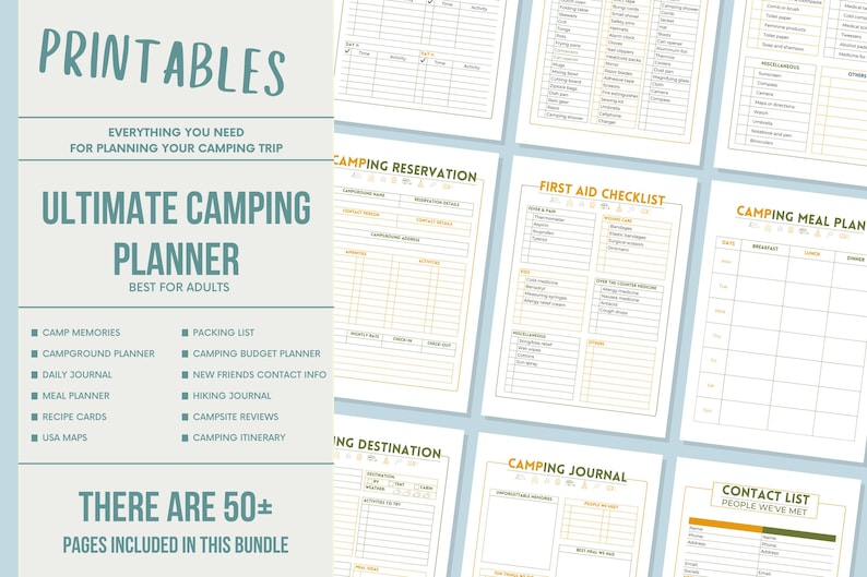 Camping Planner Printable Bundle 50+ Pages Packing Lists, Meal Planner ...