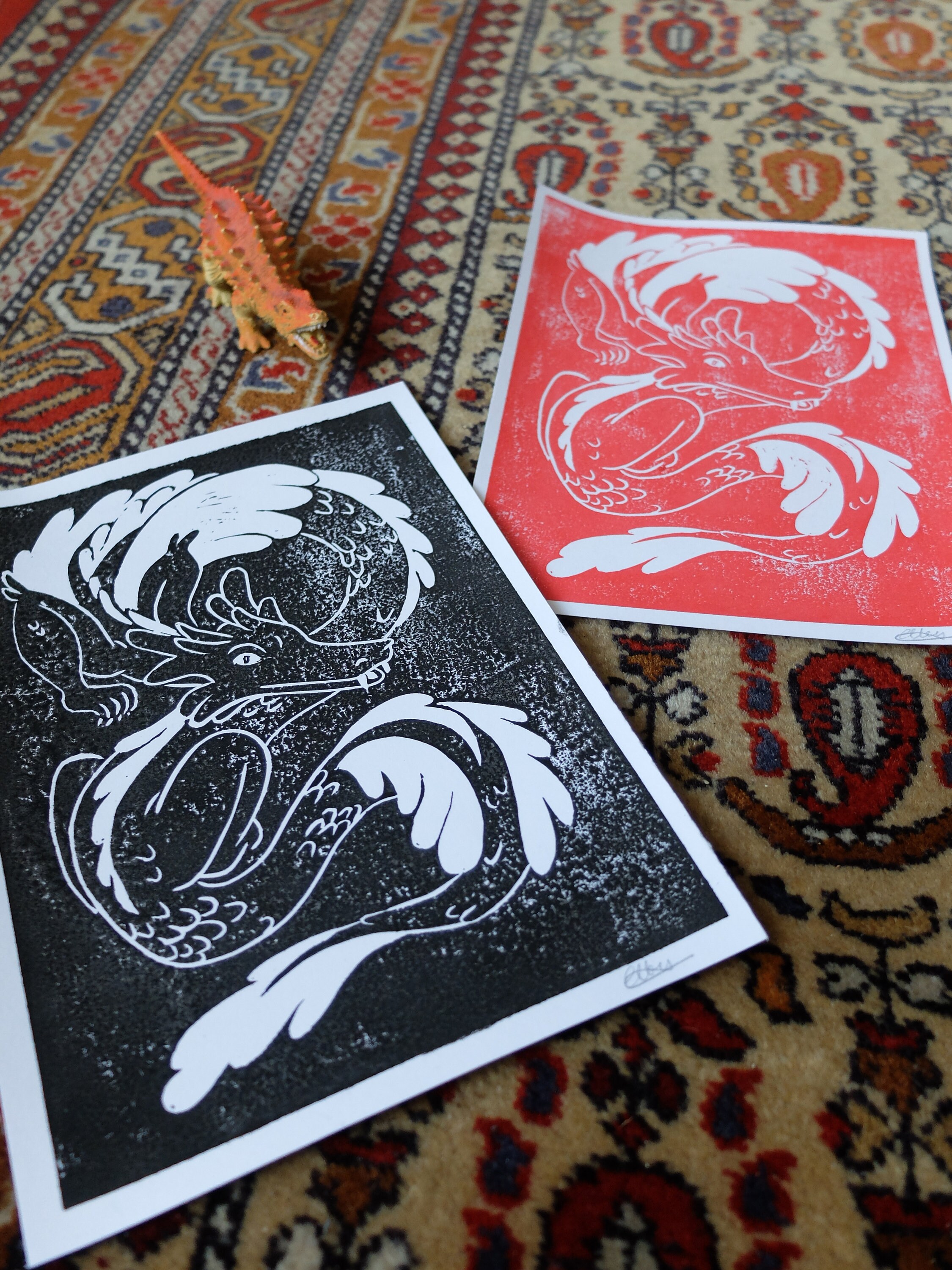 Fantasy Black Ink Dragons Linocut - Etsy