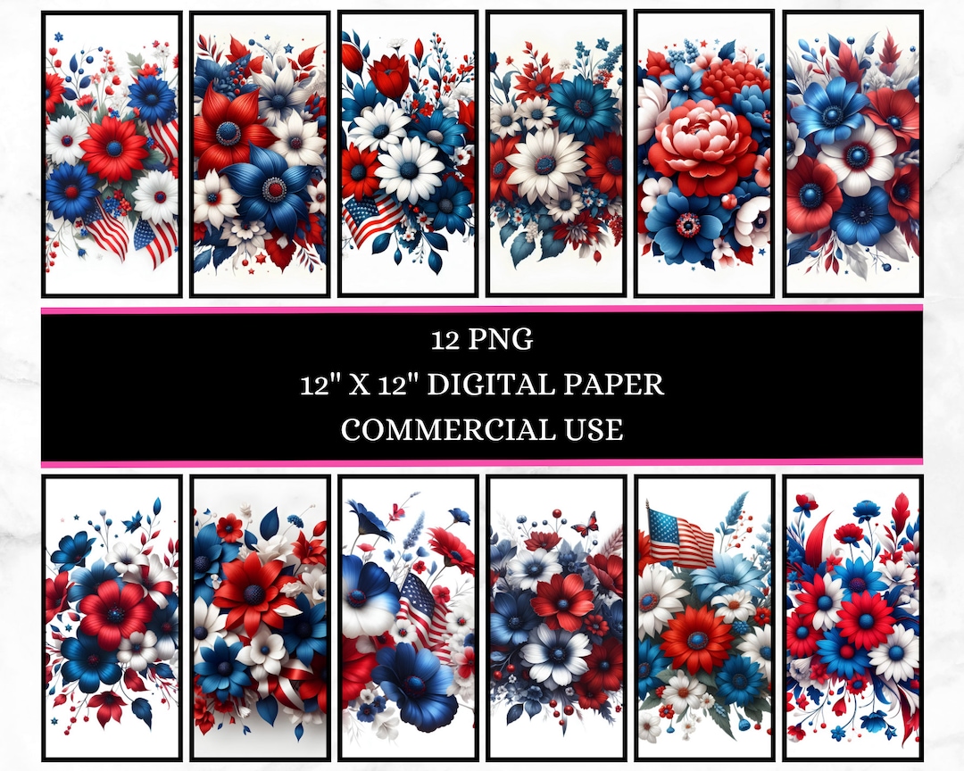 Red White and Blue Flowers Digital Paper - Etsy