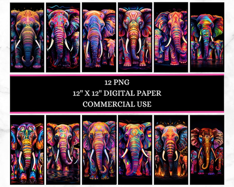 Neon Elephants Digital Paper Png - Etsy