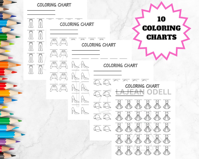10 Blank Clothes Color Swatch Charts, Cute Bundle for Coloring Pencils ...