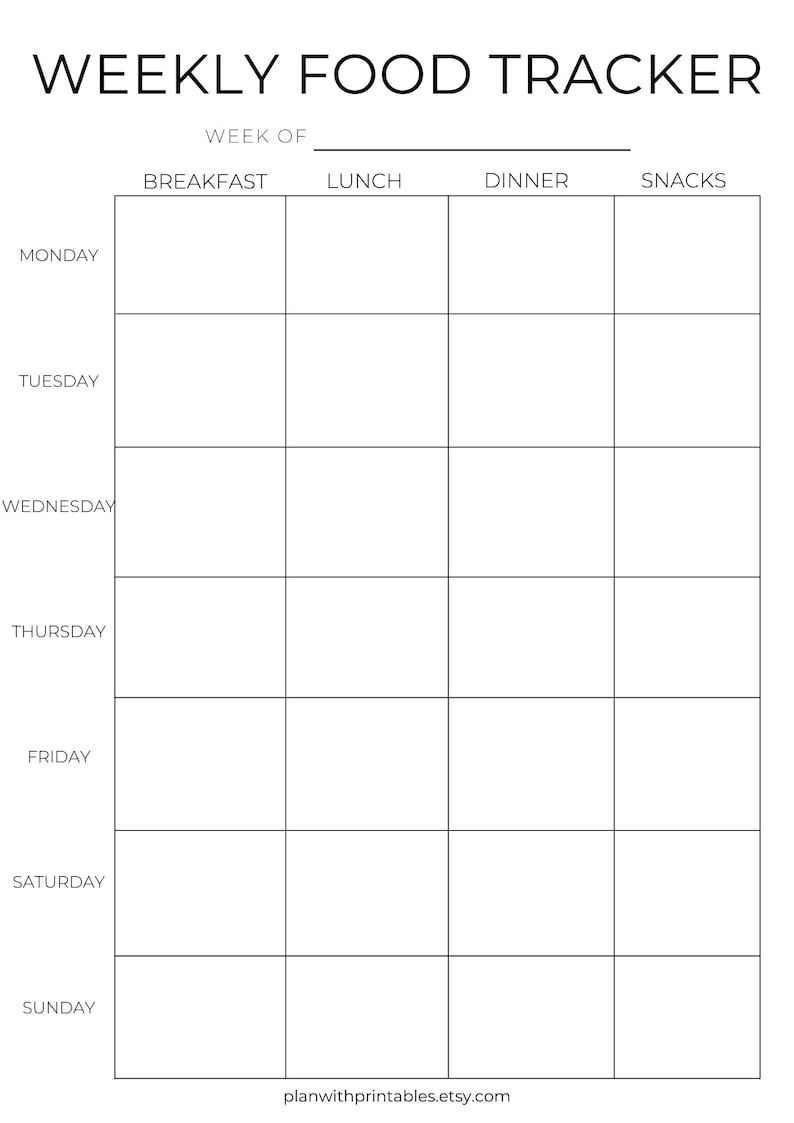 Weekly Food Tracker Printable, 7-day Menu Planner, Meal Planner, Food ...