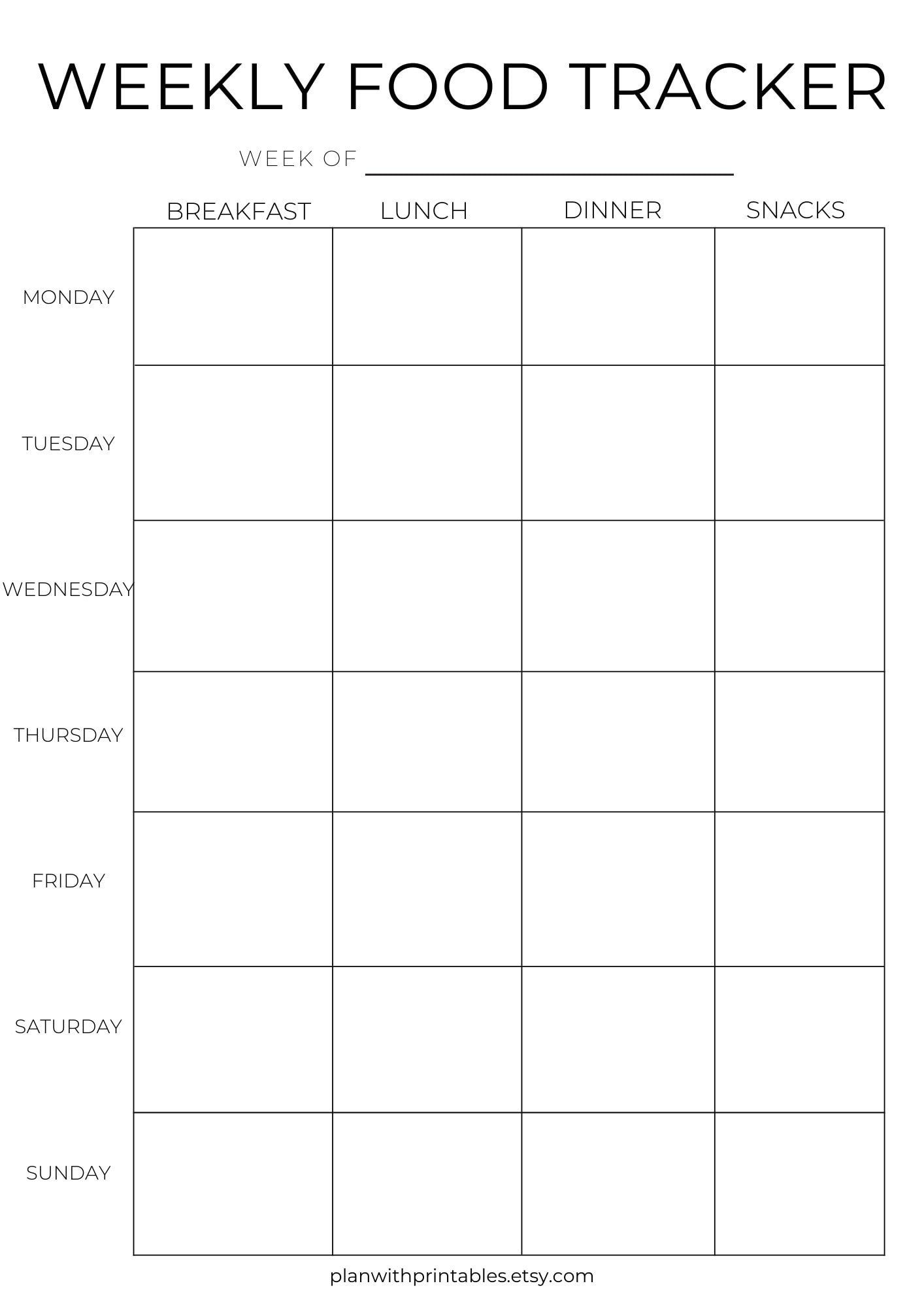 Weekly Food Tracker Printable, 7-day Menu Planner, Meal Planner, Food ...