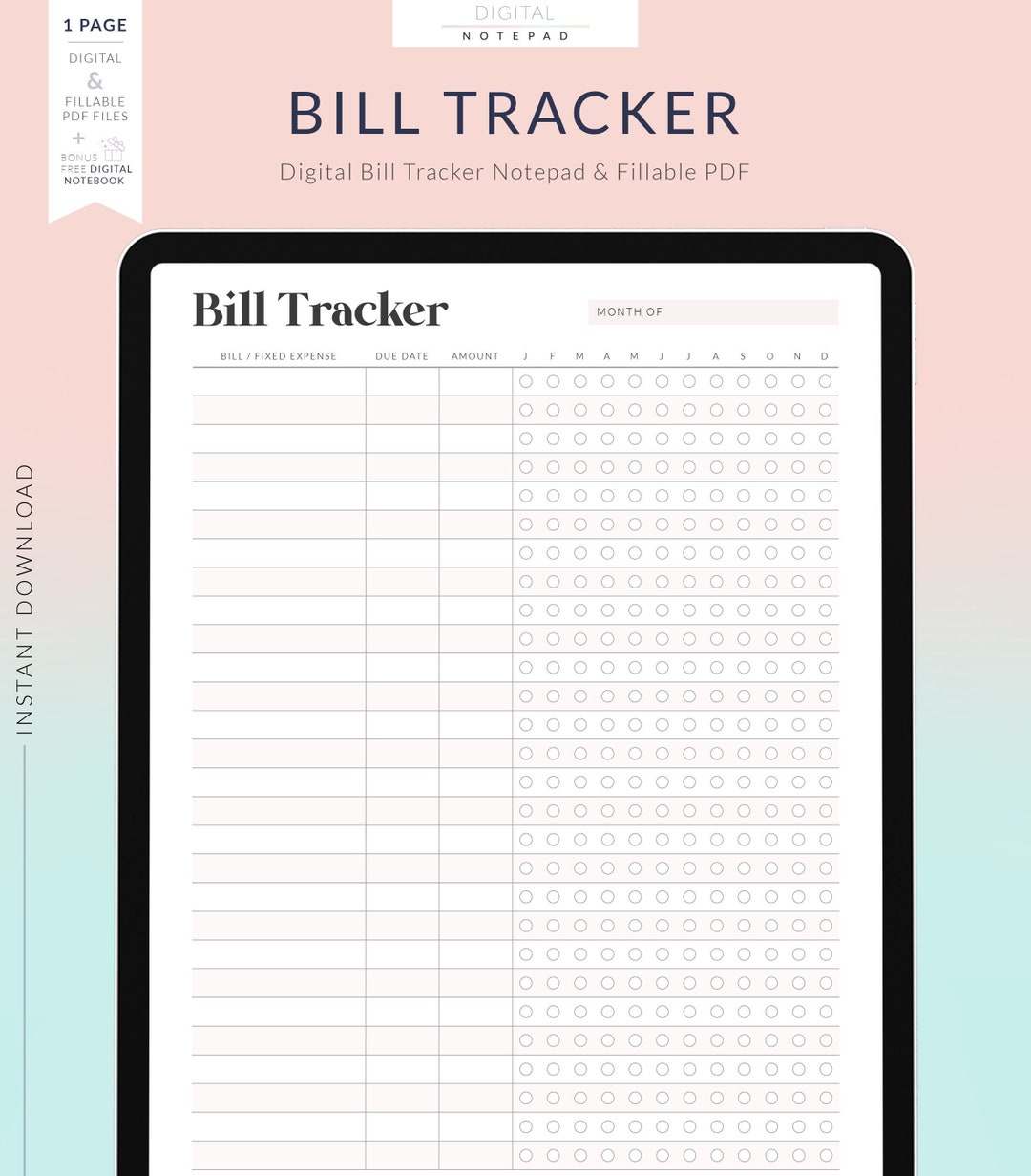 Digital Bill Tracker for Goodnotes, Bill Pay Checklist Organizer, Bill ...