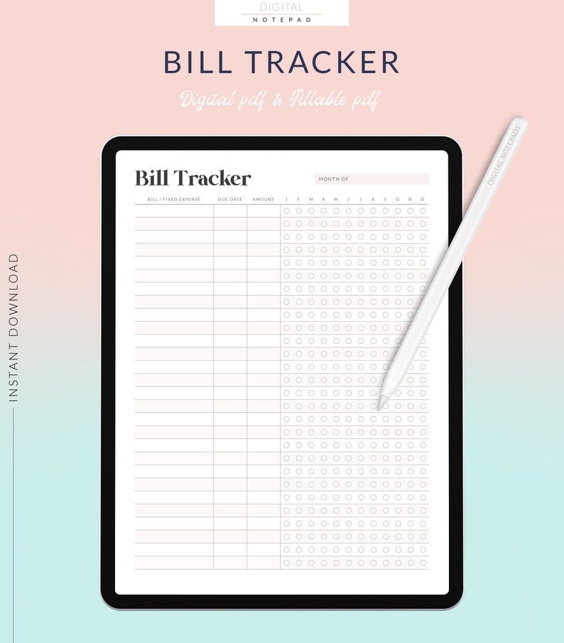 Digital Bill Tracker for Goodnotes, Bill Pay Checklist Organizer, Bill ...