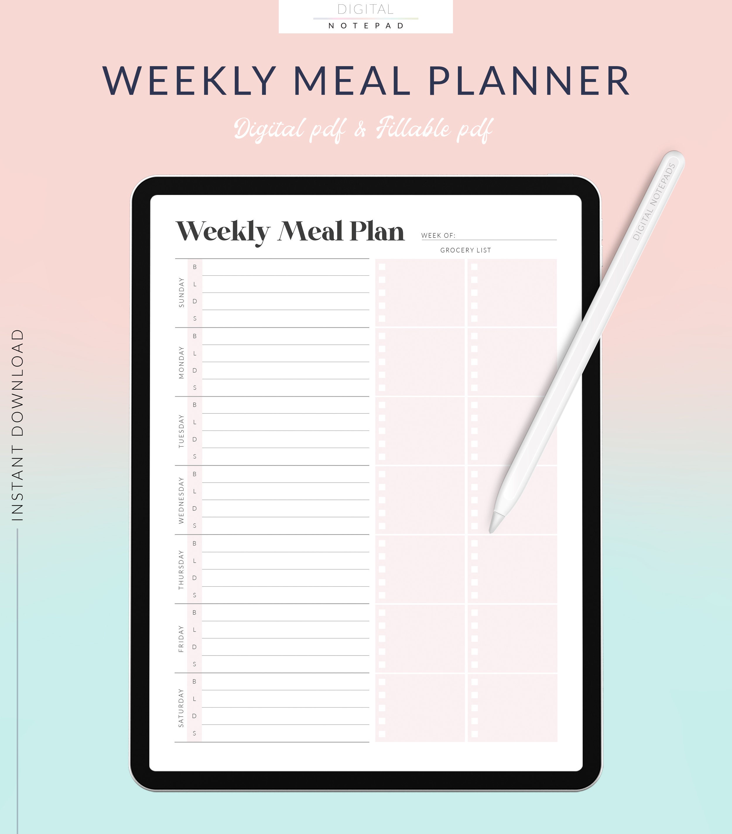 Digital Meal Planner for Goodnotes Blush Pink Undated Weekly - Etsy ...