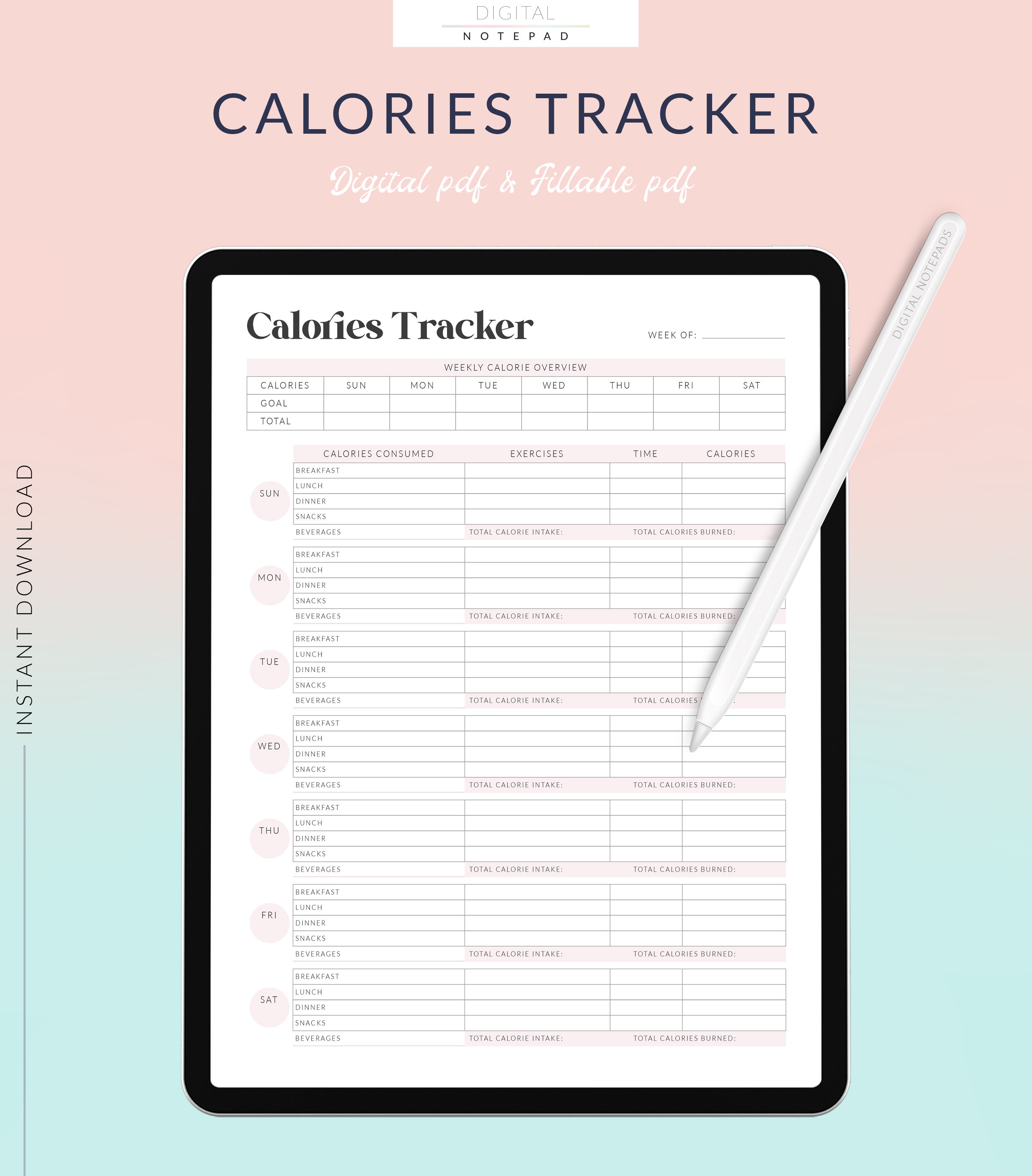Digital Calories Tracker for Goodnotes, Food Calorie Journal, Meal ...