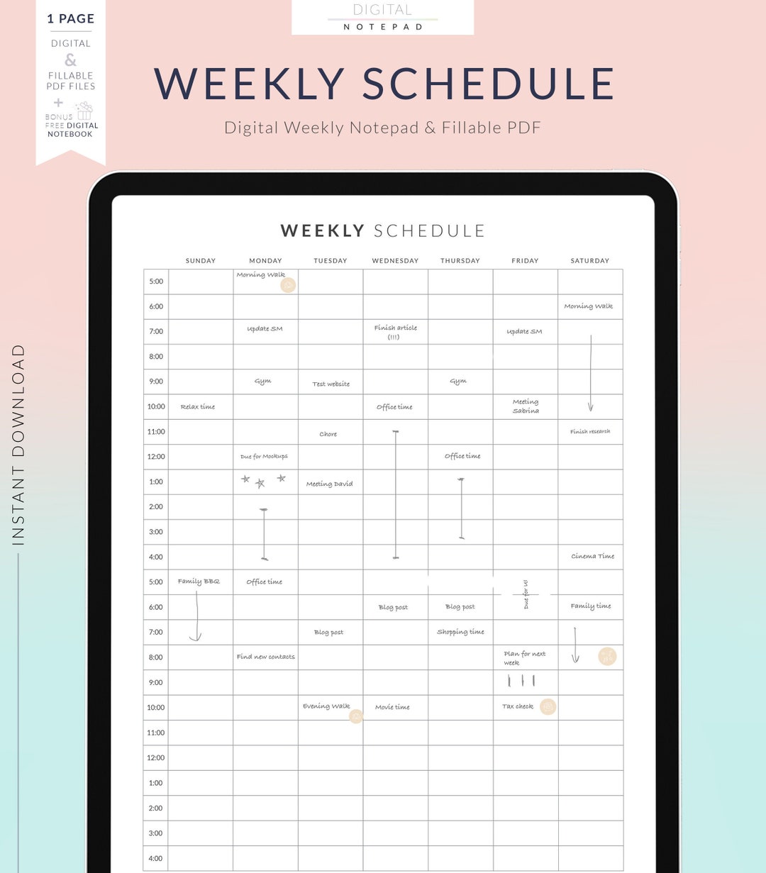 Digital Weekly Schedule for Goodnotes, 24/7 Weekly Timetable, Hourly ...
