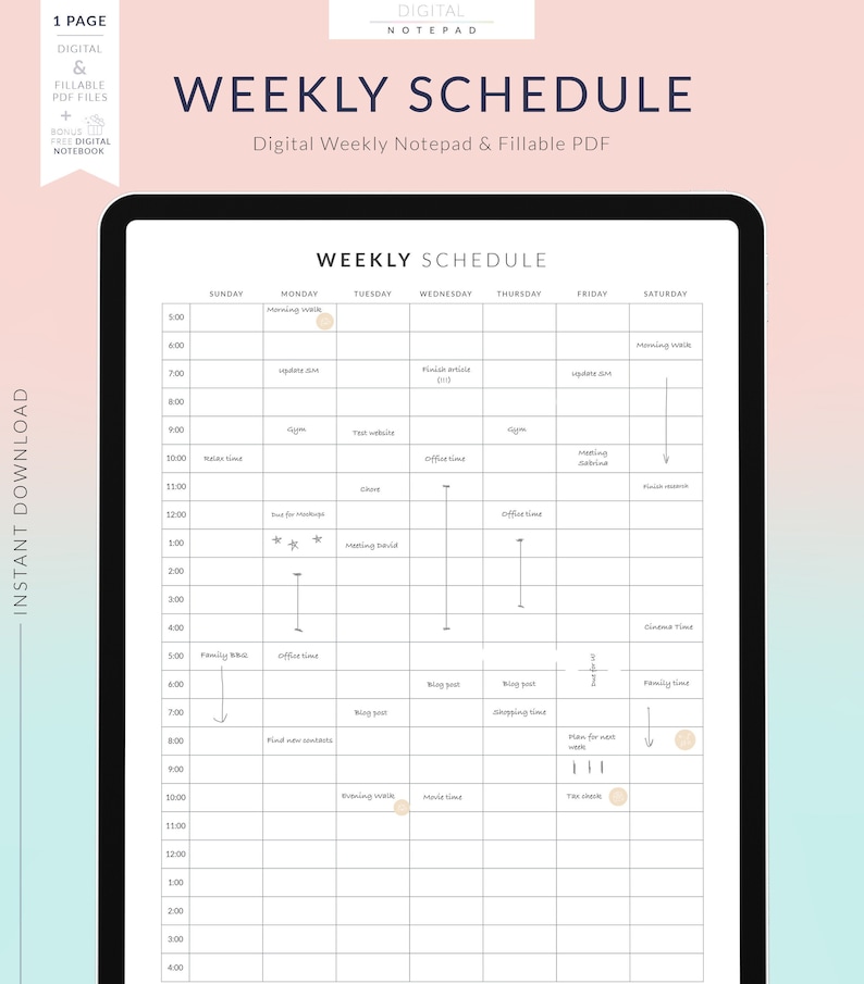 Digital Weekly Schedule for Goodnotes, 24/7 Weekly Timetable, Hourly ...