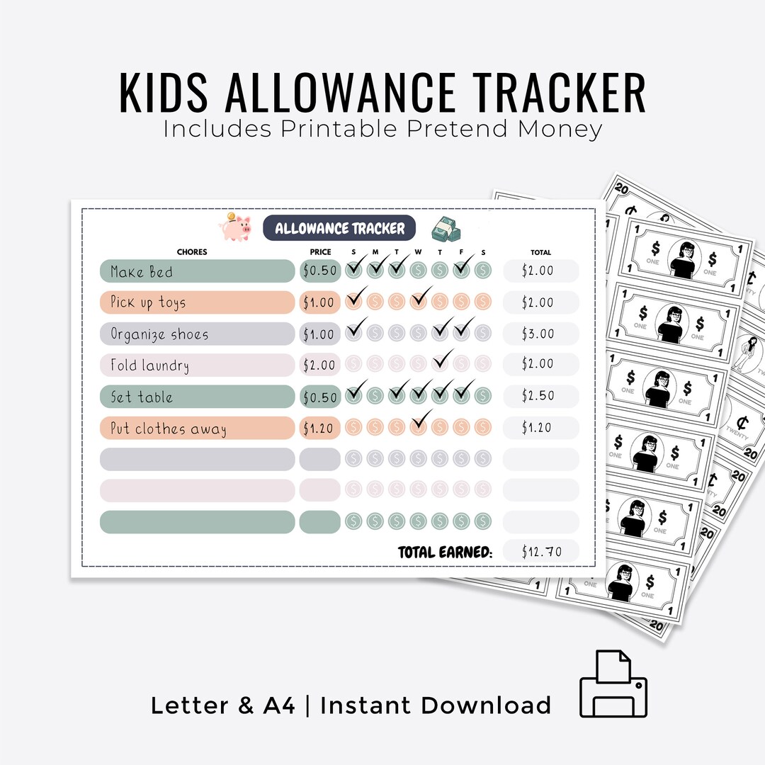 Kids Allowance Tracker Includes Printable Pretend Money Kids Earnings ...