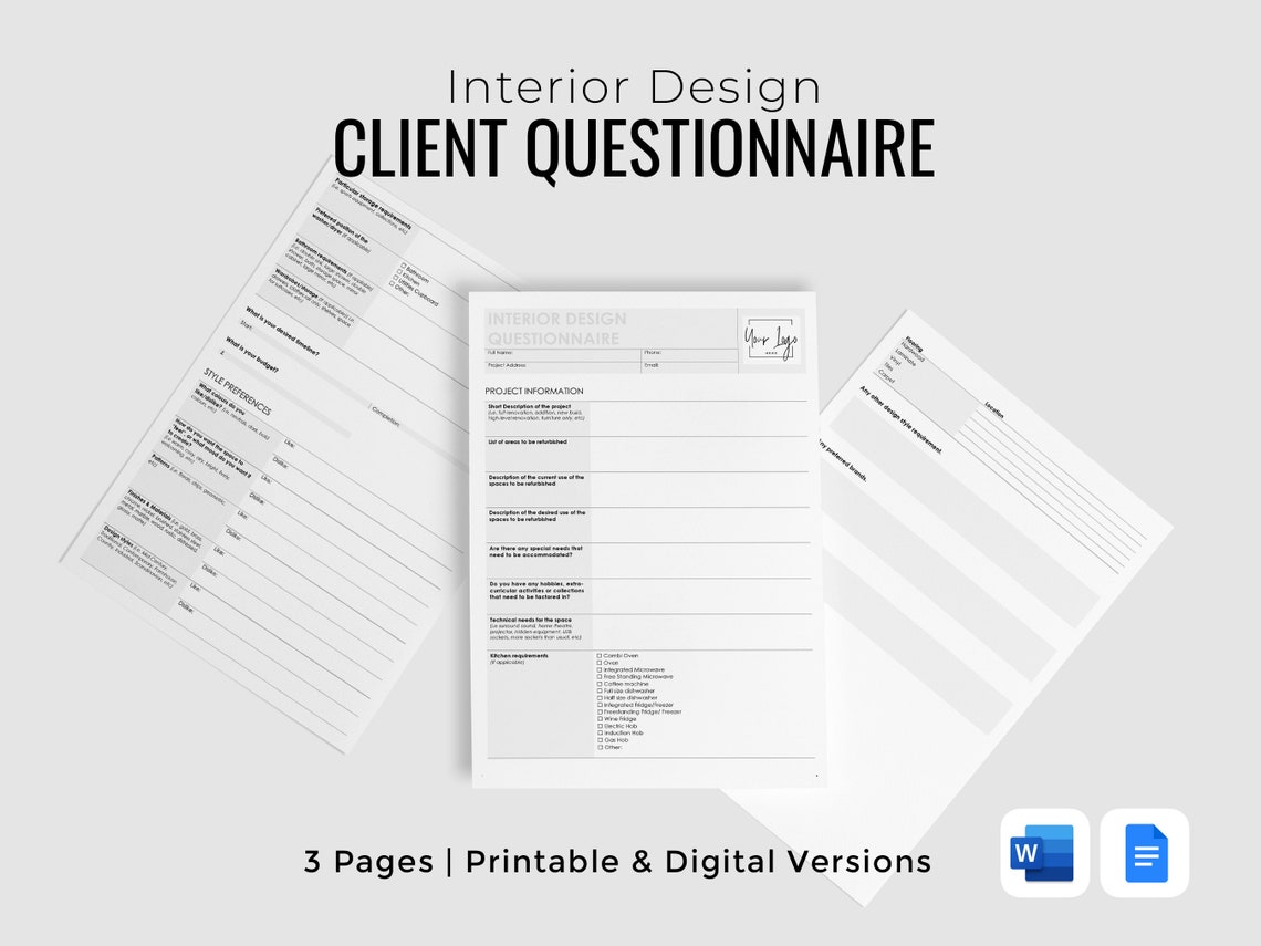 Interior Design Client Questionnaire Template Editable MS - Etsy