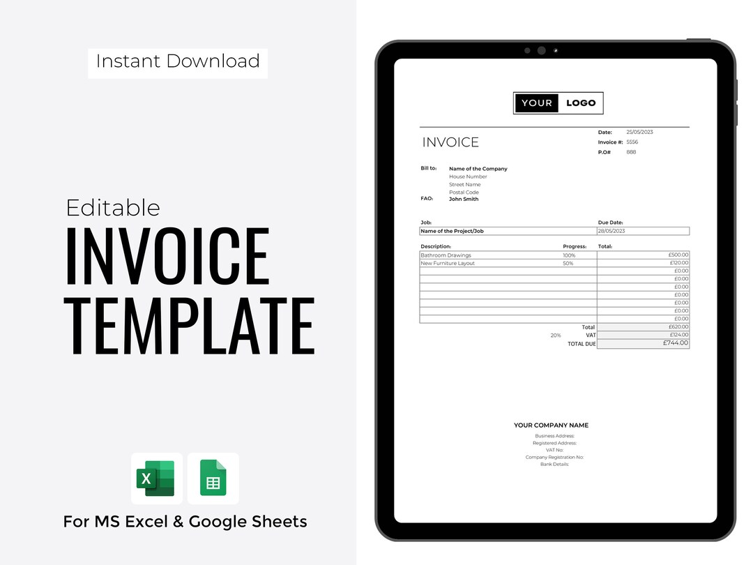 Editable Invoice Template Digital Download for MS Excel & - Etsy