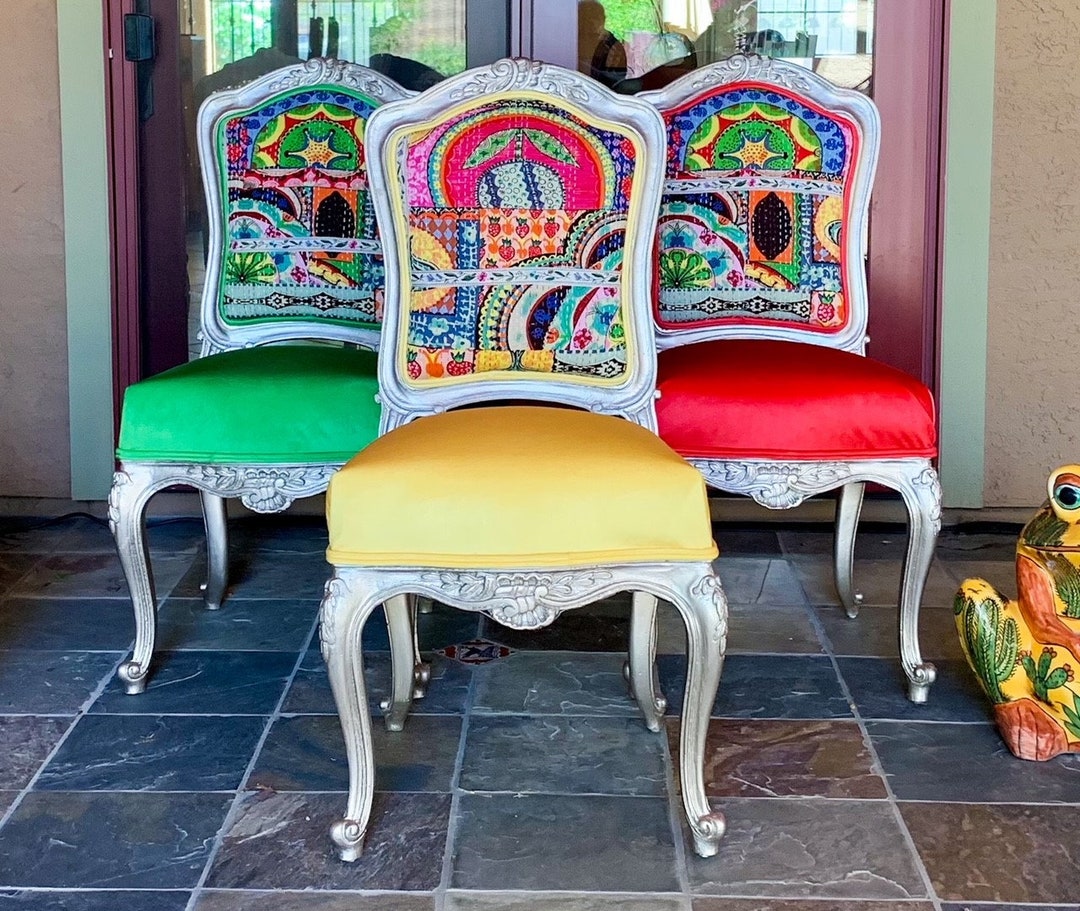Boho Eclectic Kantha Quilt Dining Chairs - Set of Six - Etsy