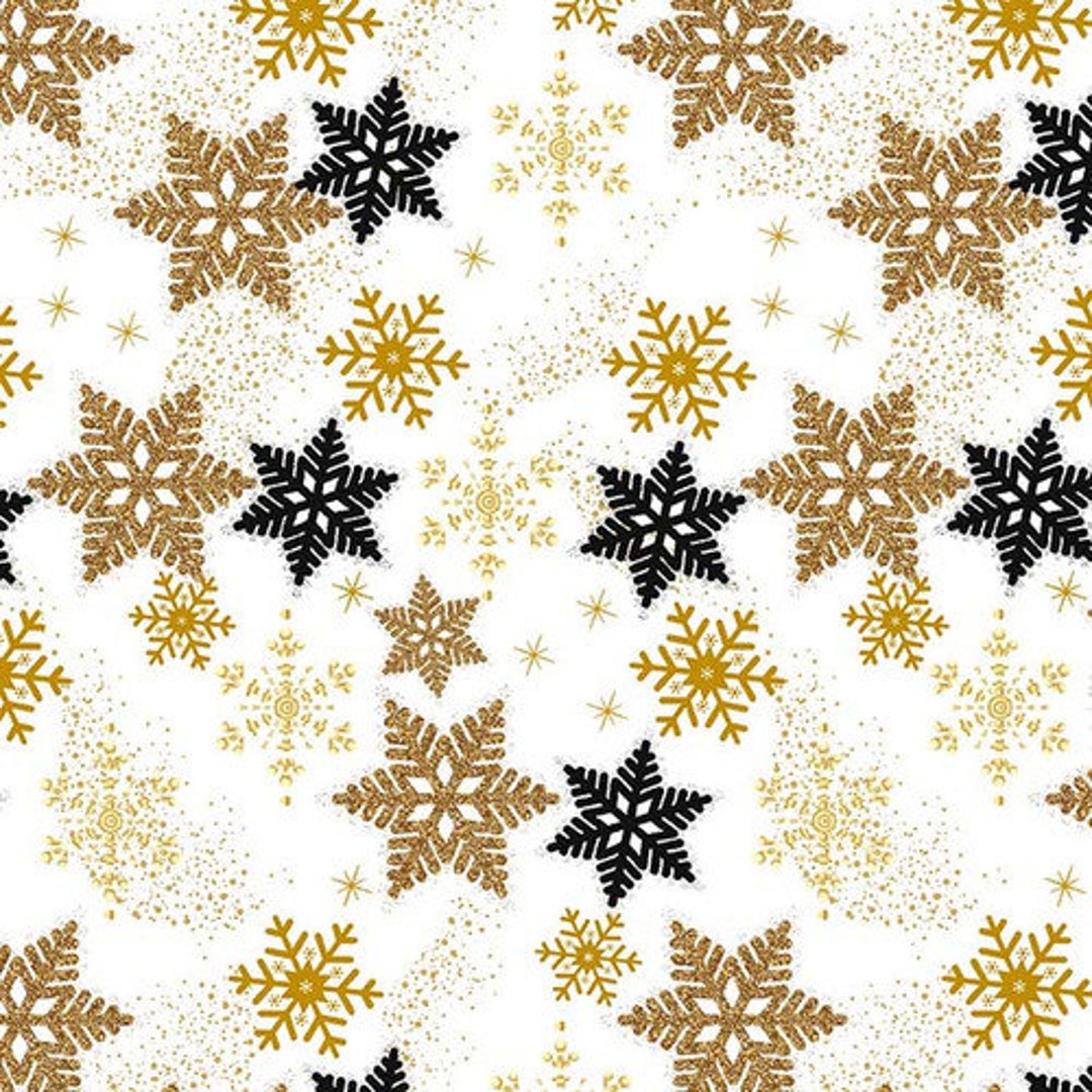 Gold and Black Snowflakes on White Fabric (jingle & Mingle Collection ...