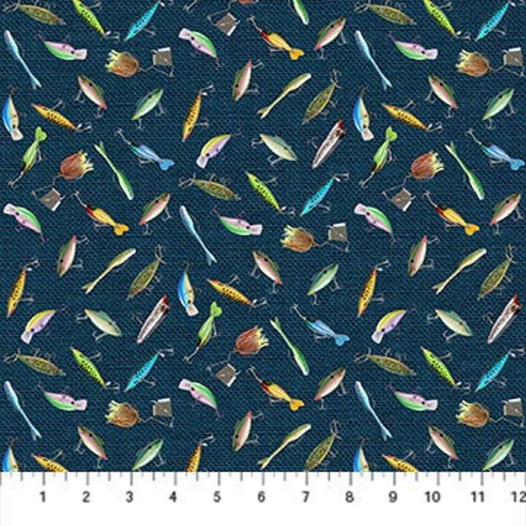 Lures on Dark Blue Fabric by Northcott hooked Collection Sold by the ...