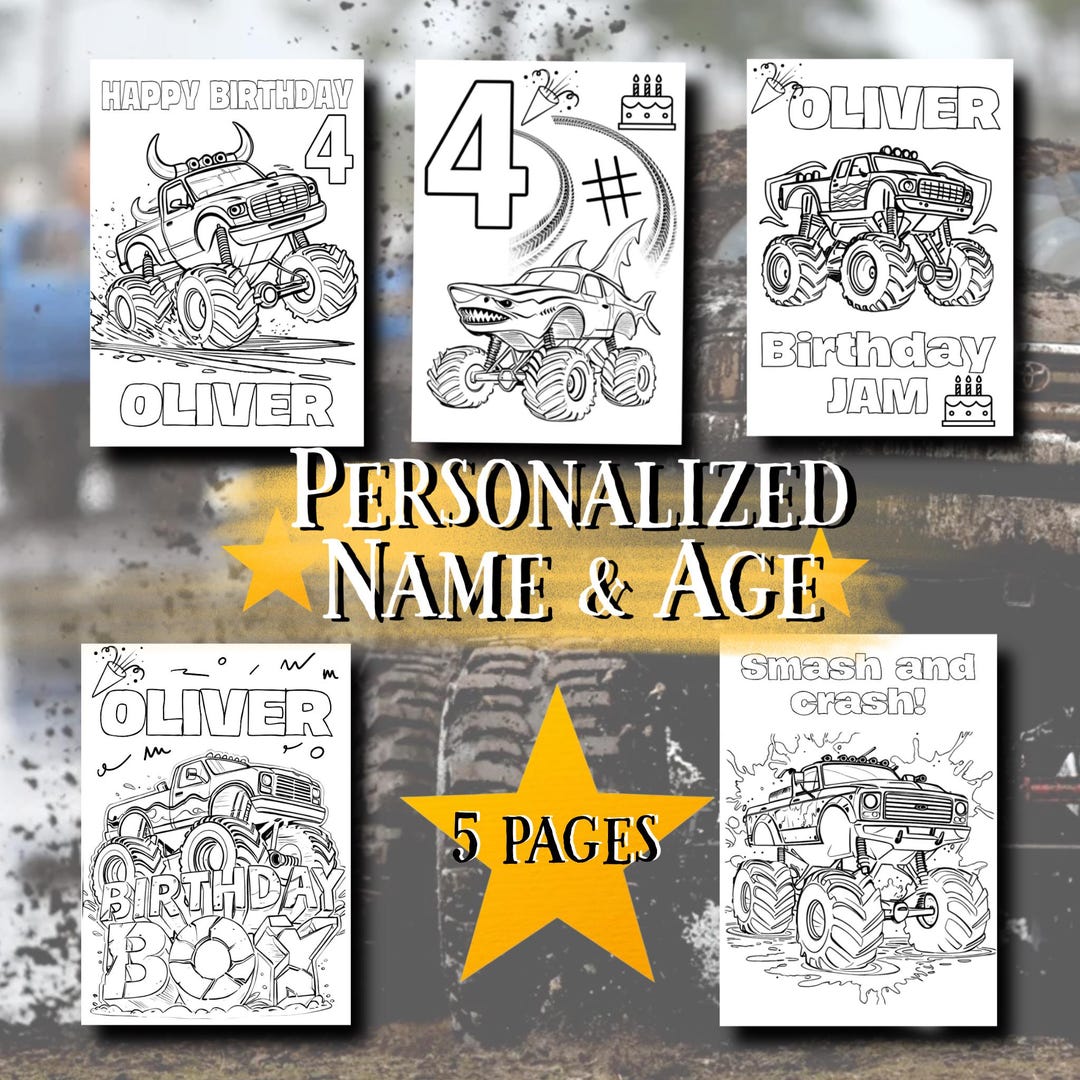Monster Truck Birthday Coloring Pages - Personalized Name & Age ...