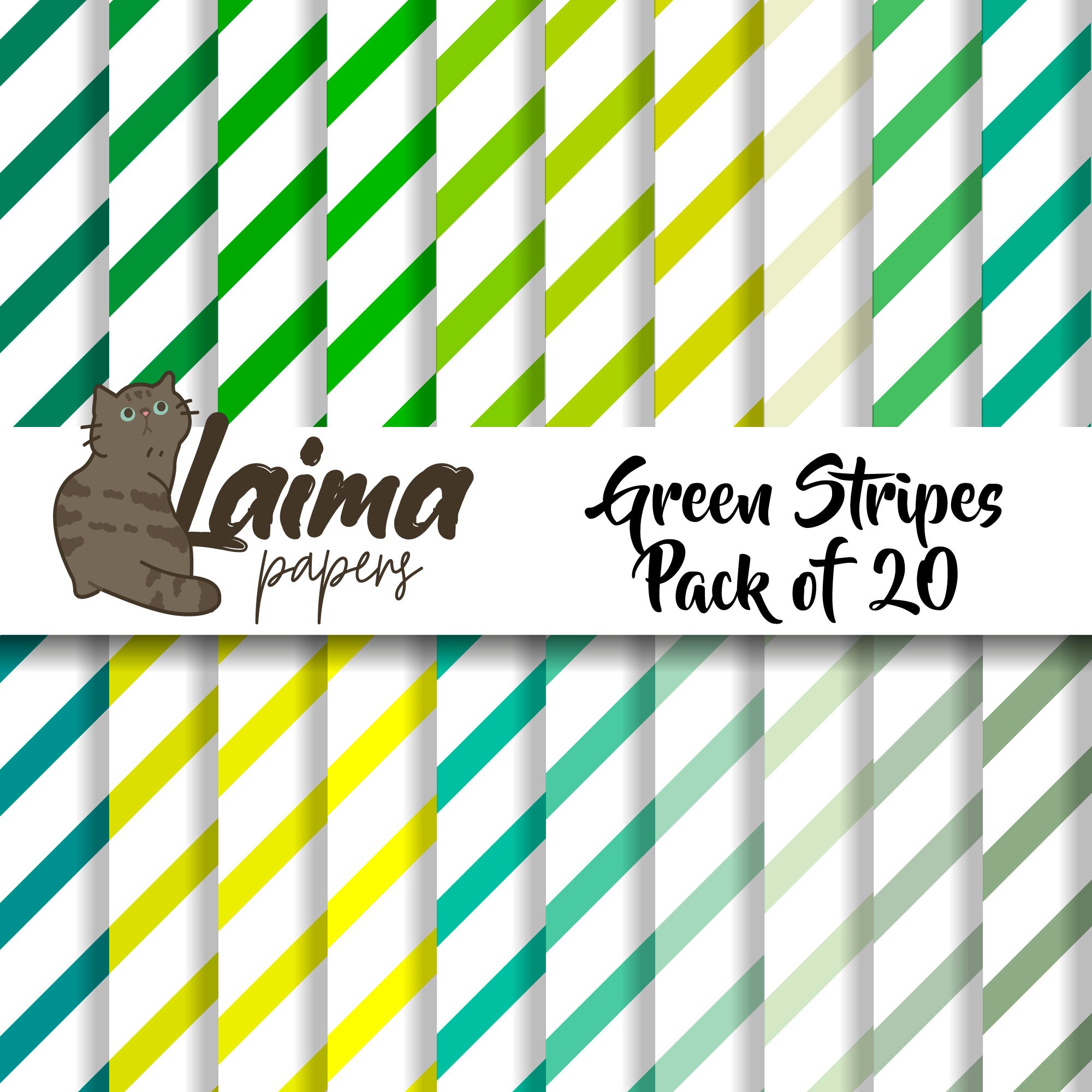 Green Stripes Printable Paper Pack of 20, Green Scrapbooking Paper ...