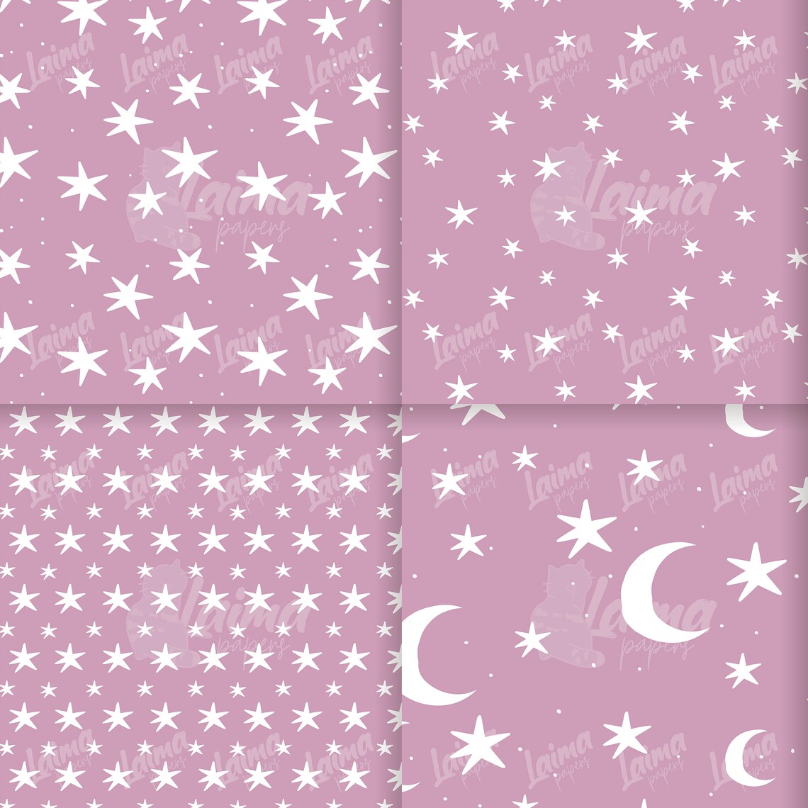 Lilac Stars and Moon Scrapbook Papers, Stars Digital Paper, Hand Drawn ...
