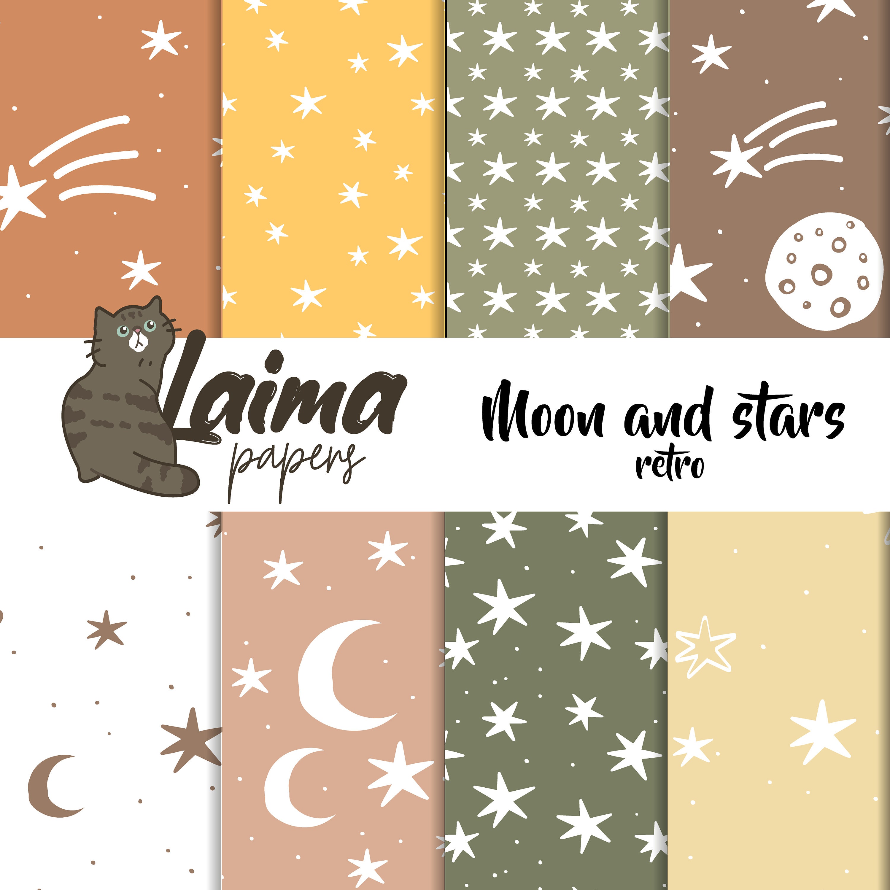 Retro Colors Stars and Moon Scrapbook Papers, Stars Digital Paper, Hand ...