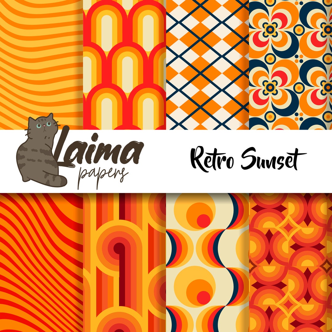 Sunset Colors Retro Digital Paper, Sunset Scrapbook Paper, 60s Packing ...