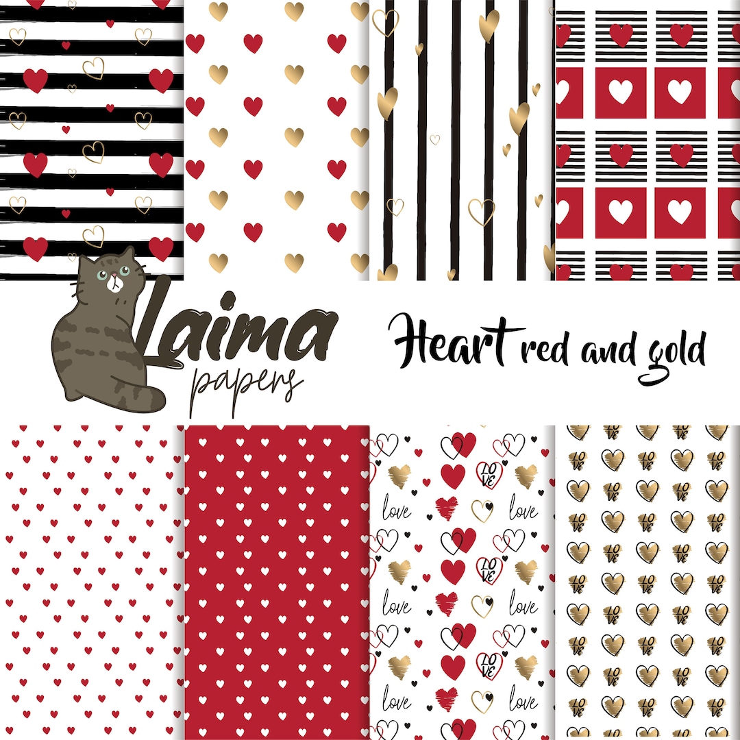 Red & Gold Hearts Digital Paper, Valentine's Day Scrapbook Papers ...