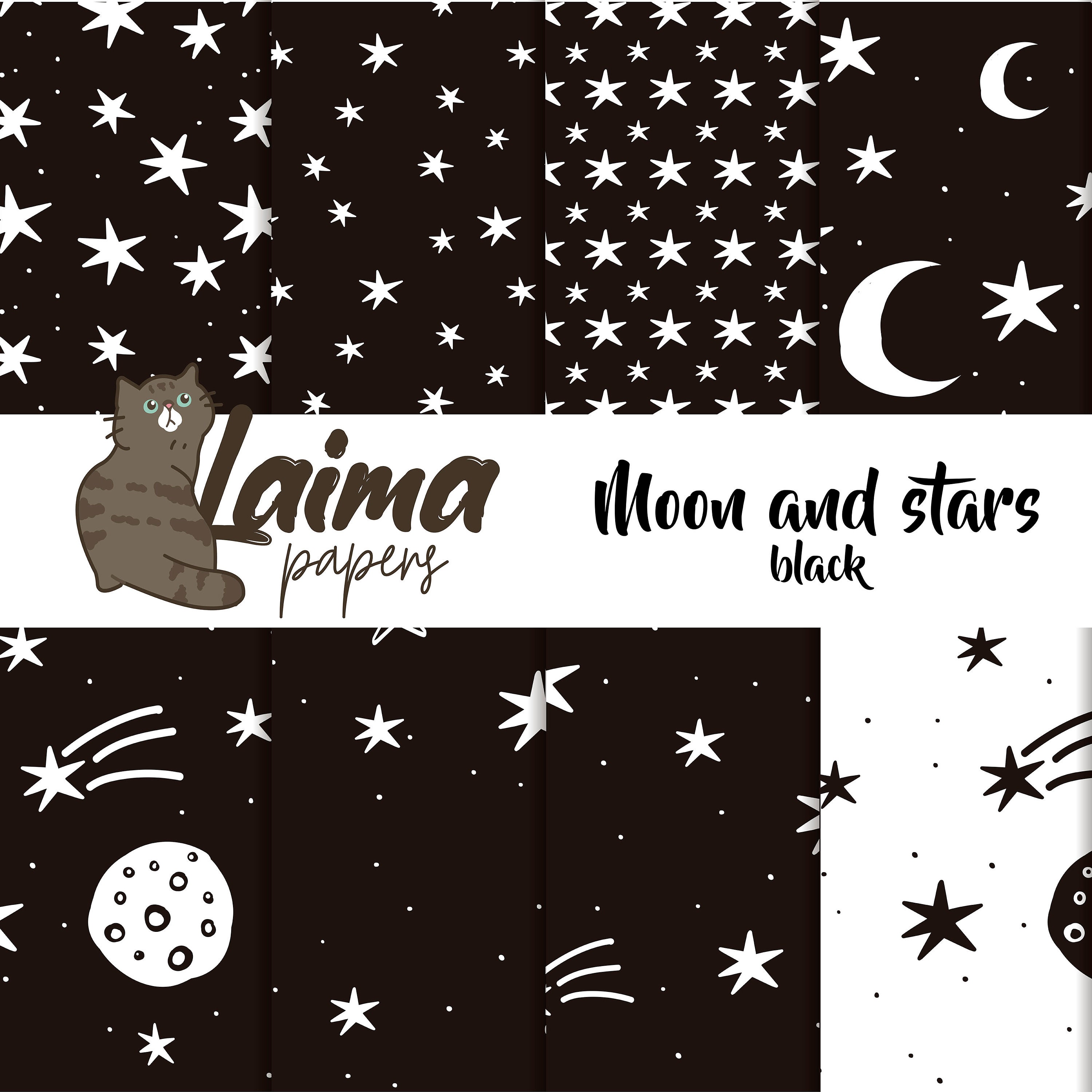 Stars and Moon Scrapbook Papers, Stars Digital Paper, Hand Drawn ...