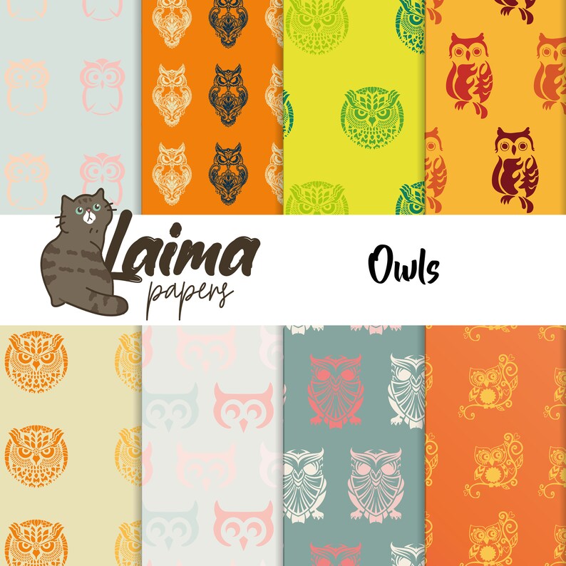 Colorful Owl Scrapbook Paper, Printable Paper Pack, Digital Paper, Owl ...