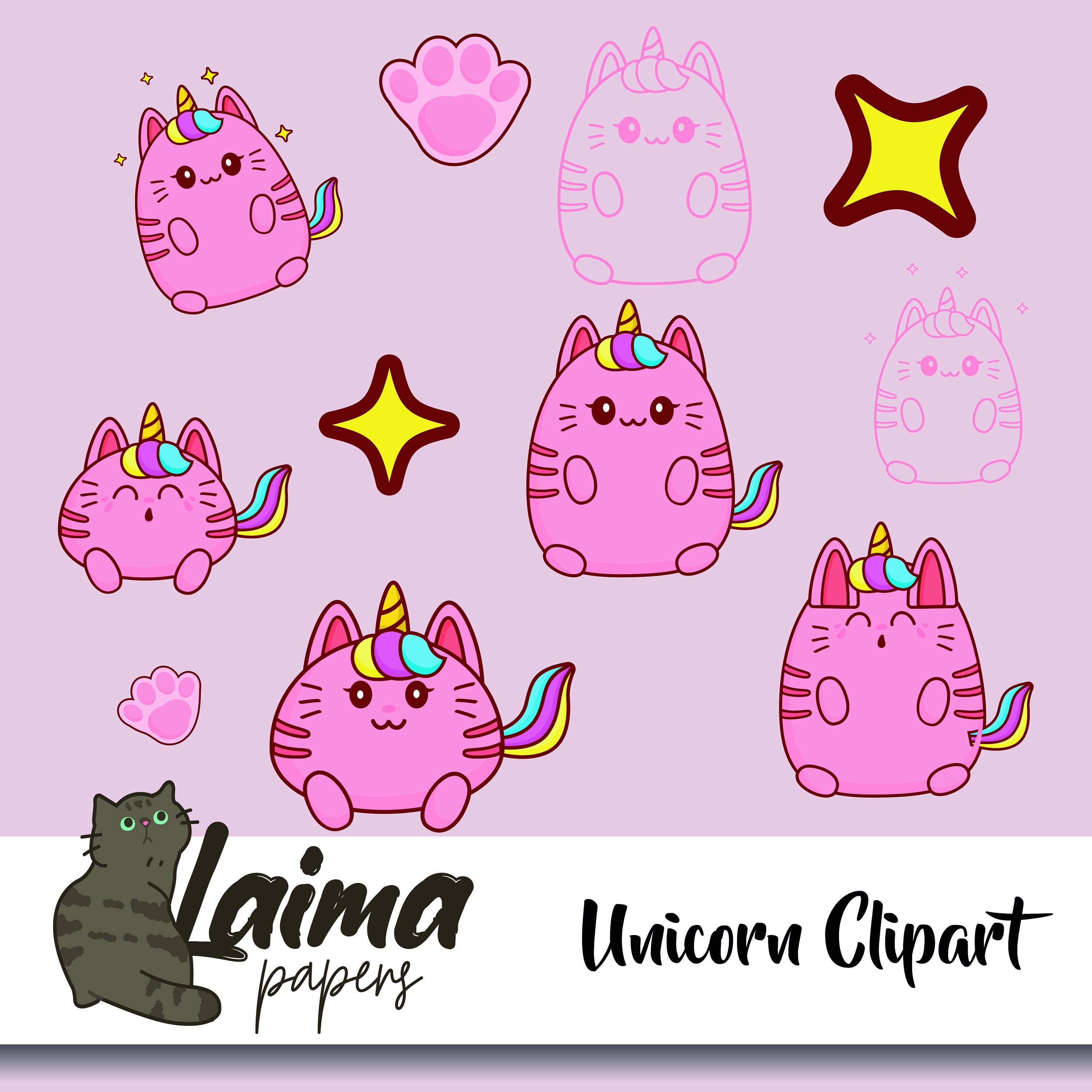 Cute Unicorn Clipart JPG & PNG, Kawaii Fantasy Card Images ...