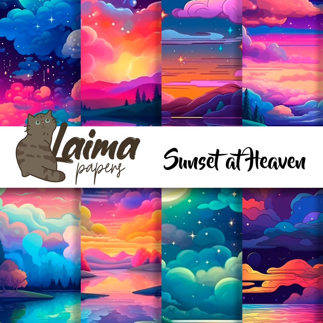 Sunset at Heaven Scrapbook Papers, Celestial Digital Paper, Hand Drawn ...