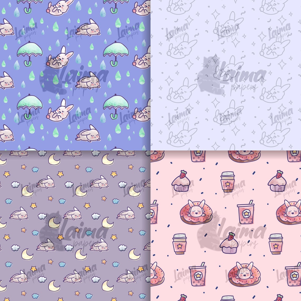 Happy Kawaii Bunnies Digital Paper Pack, Hand Drawn Rabbit Scrapbook ...