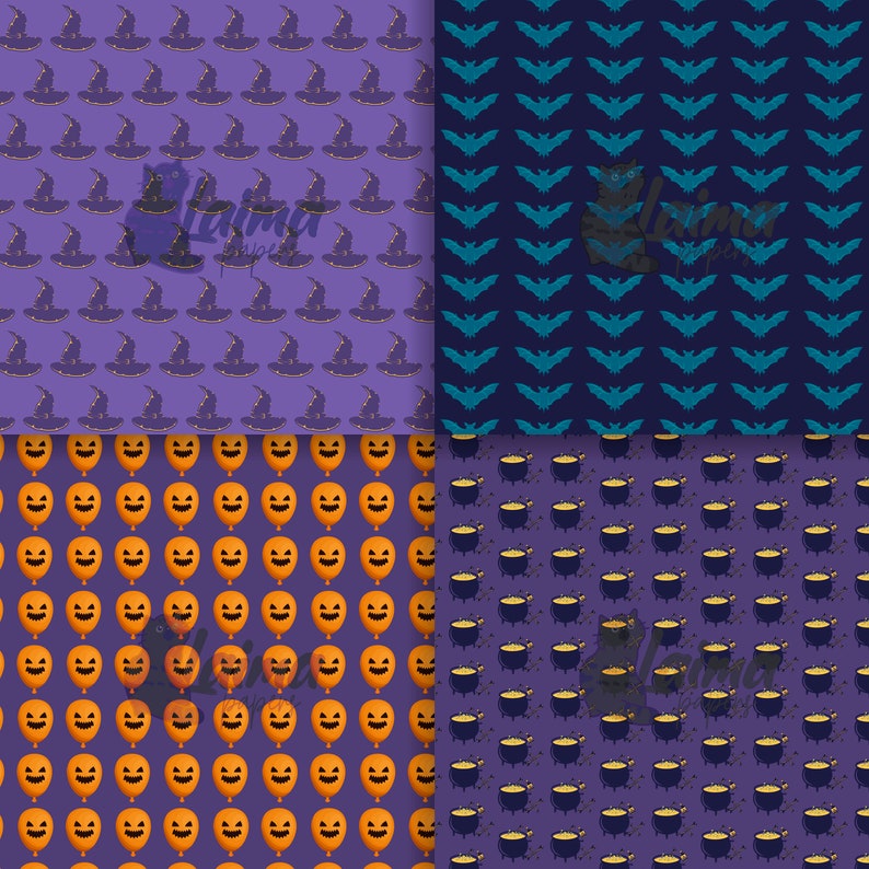 Halloween Digital Paper Pack, Printable Witch Papers, Witch Hat and Bat ...