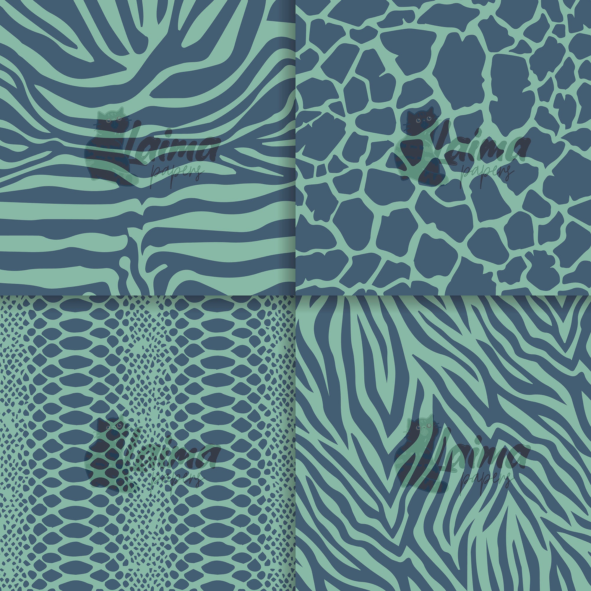 Teal Safari Animals Textured Digital Paper, Teal Scrapbooking Paper ...