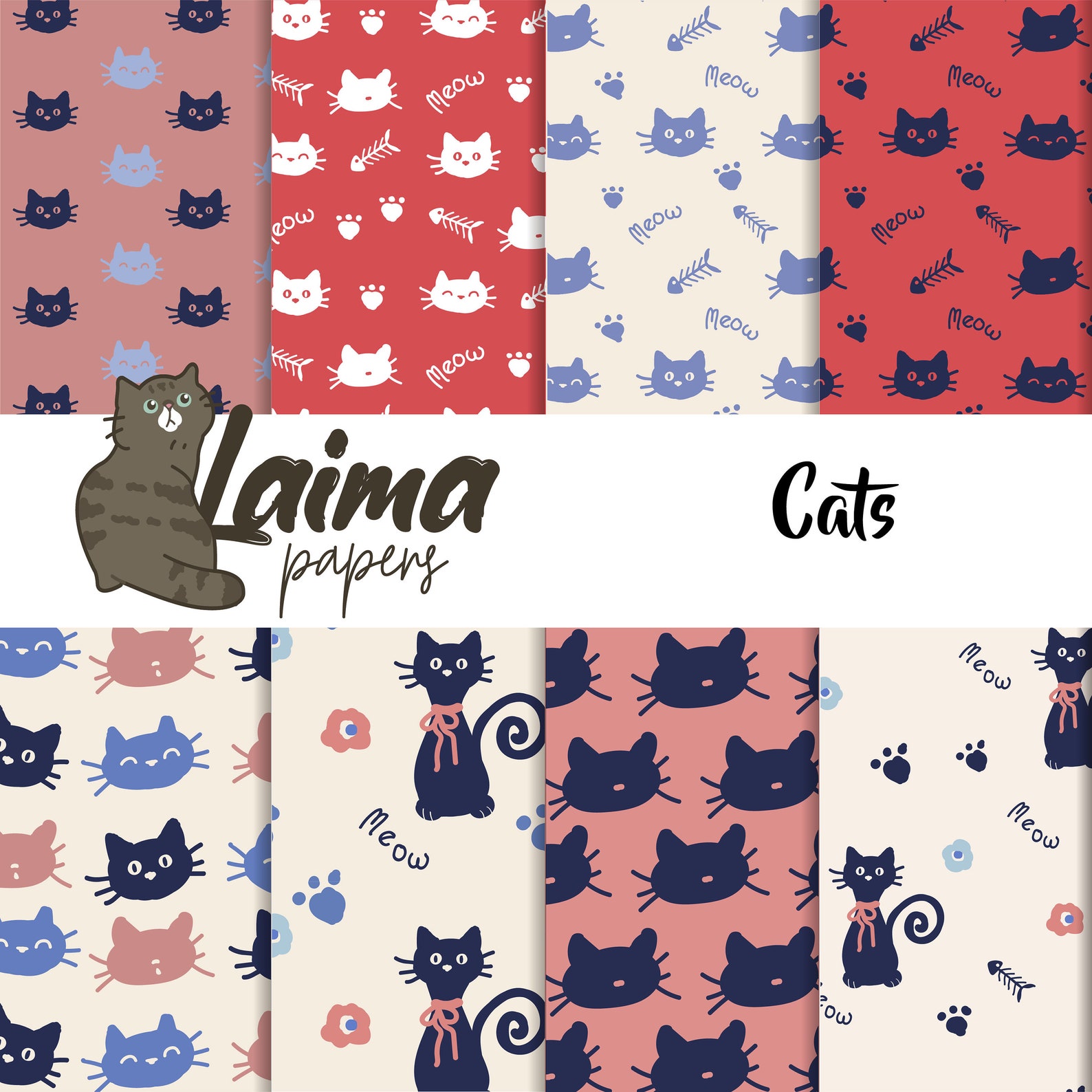 Cat Printable Digital Paper, Instant Download Scrapbook Paper, Cat ...
