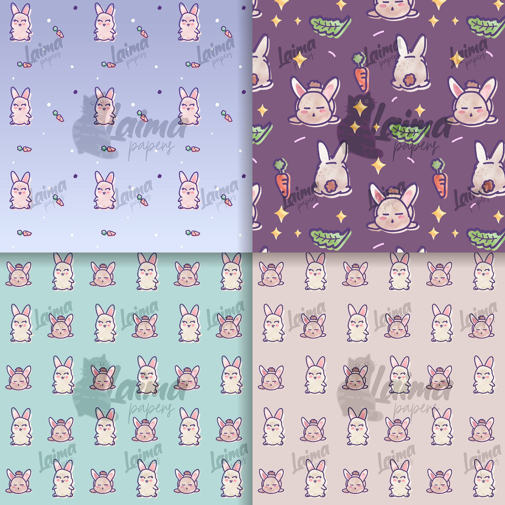 Happy Kawaii Bunnies Digital Paper Pack, Hand Drawn Rabbit Scrapbook ...