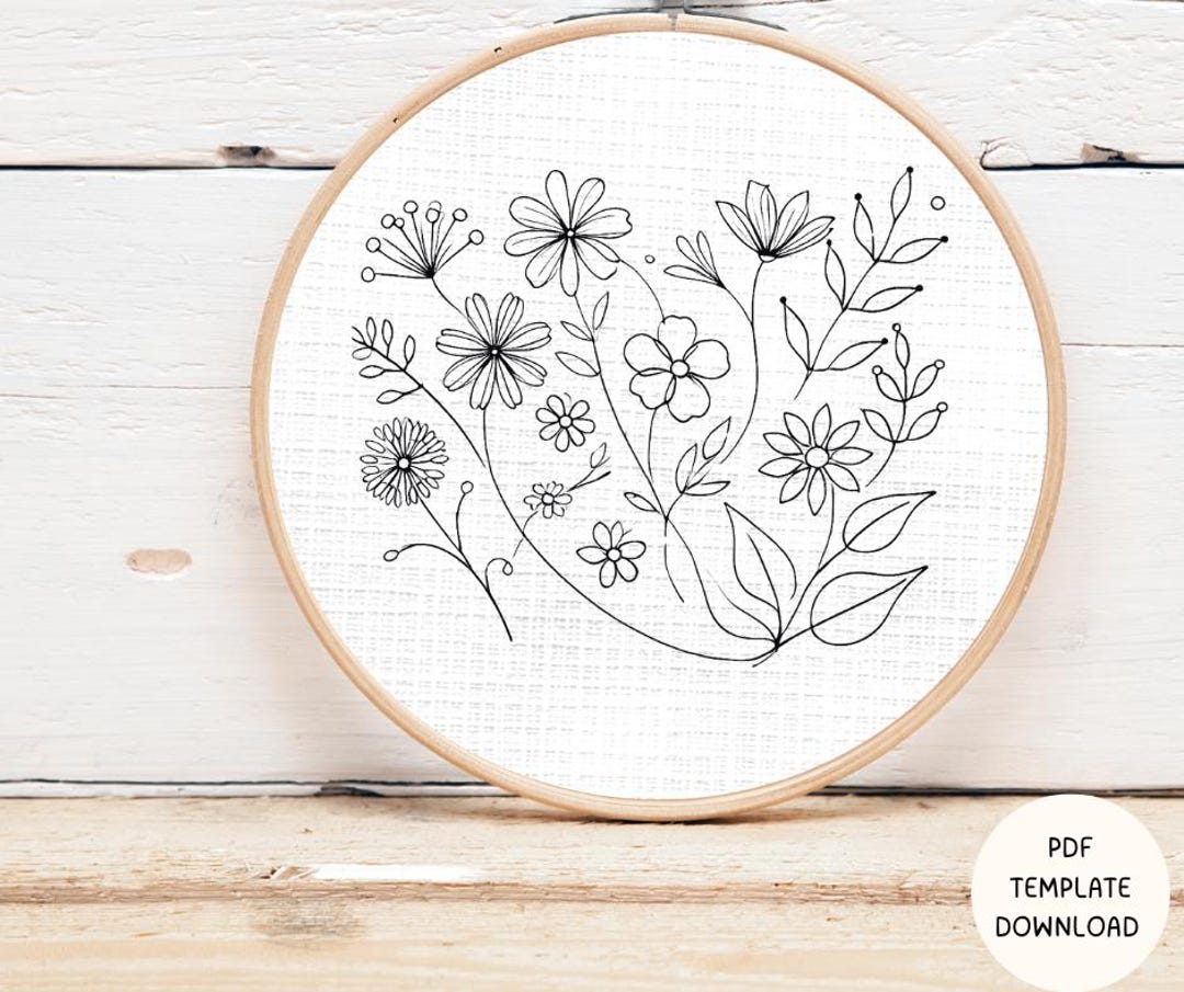 Hand Stitch Pattern Pdf,floral Pattern,flowers Embroidery Line Art ...