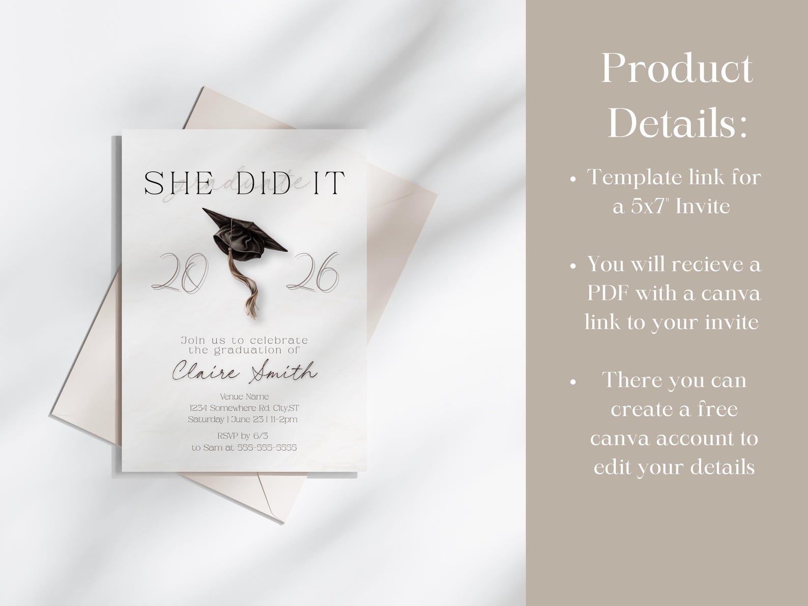 Editable Graduation Invitation Canva Template, She Did It Graduation ...