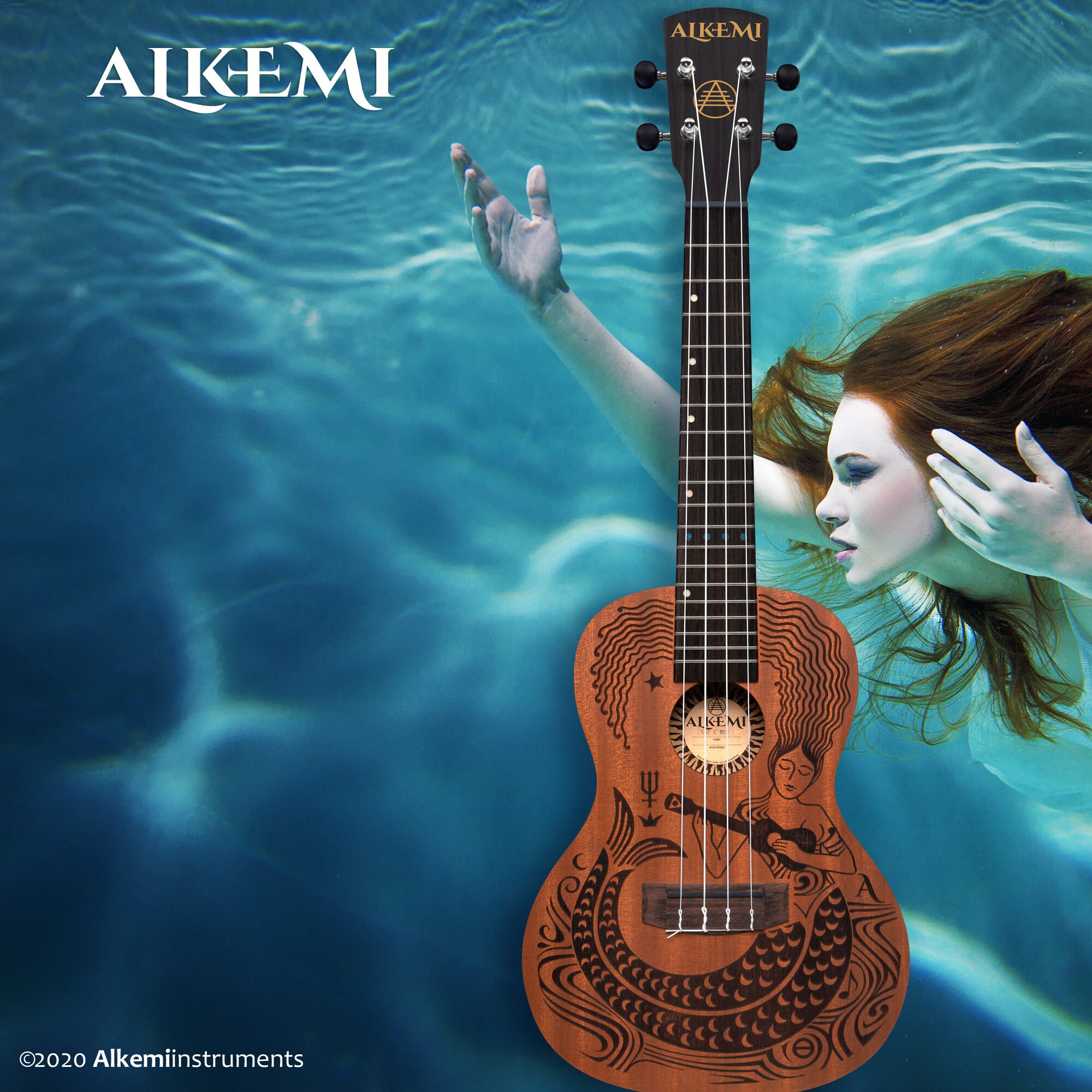 Alkemi Concert Ukulele 23" Etched Mermaid All Mahogany With Quality ...