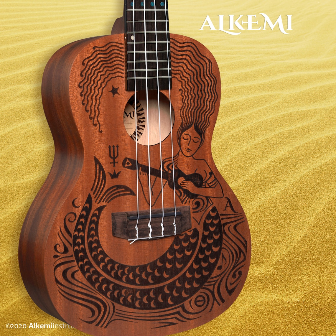 Alkemi Concert Ukulele 23" Etched Mermaid All Mahogany With Quality ...